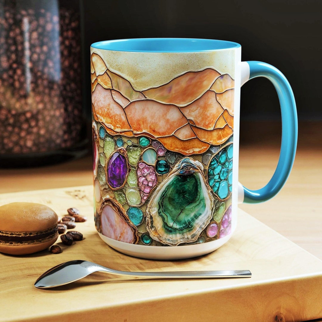 Stained Glass Coastal Mug | Oyster Shell & Gemstone Art Cup | Ocean ...