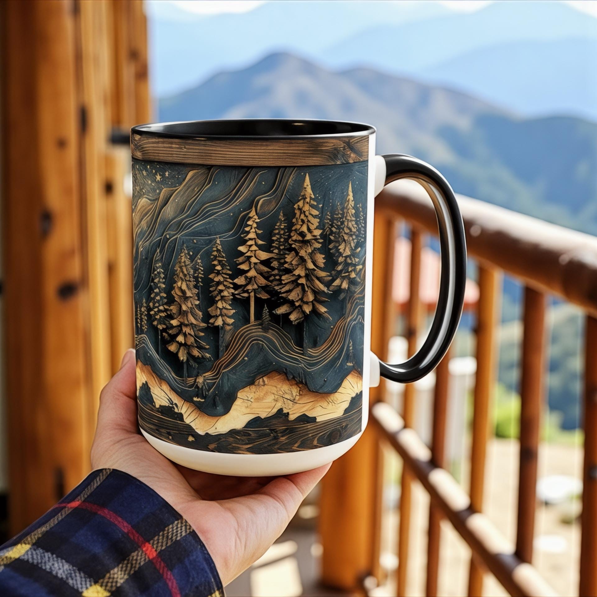 Faux Wood Pine Trees Mug Mountain Forest Lanscape Cup Starry Night 15oz ...