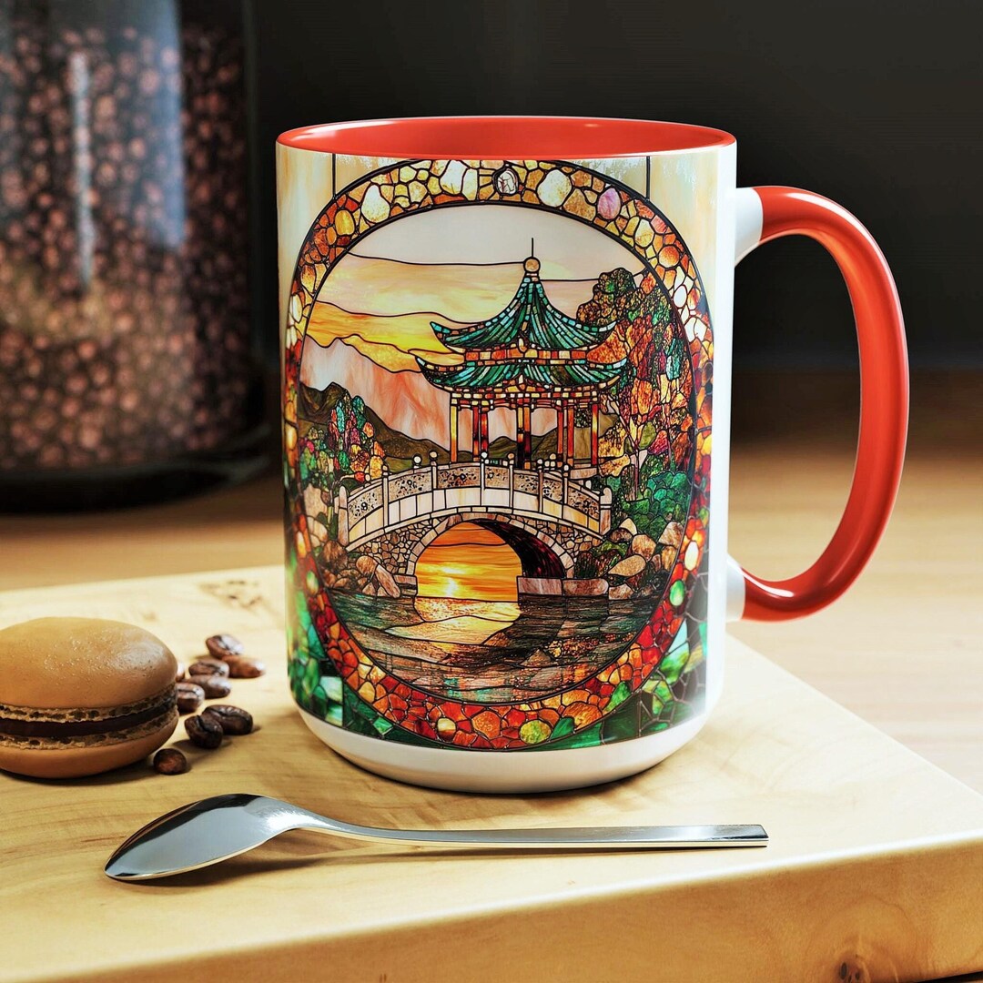 Stained Glass Pagoda Mug Asian Japanese Ceramic Mug Sakura Home Bedroom ...