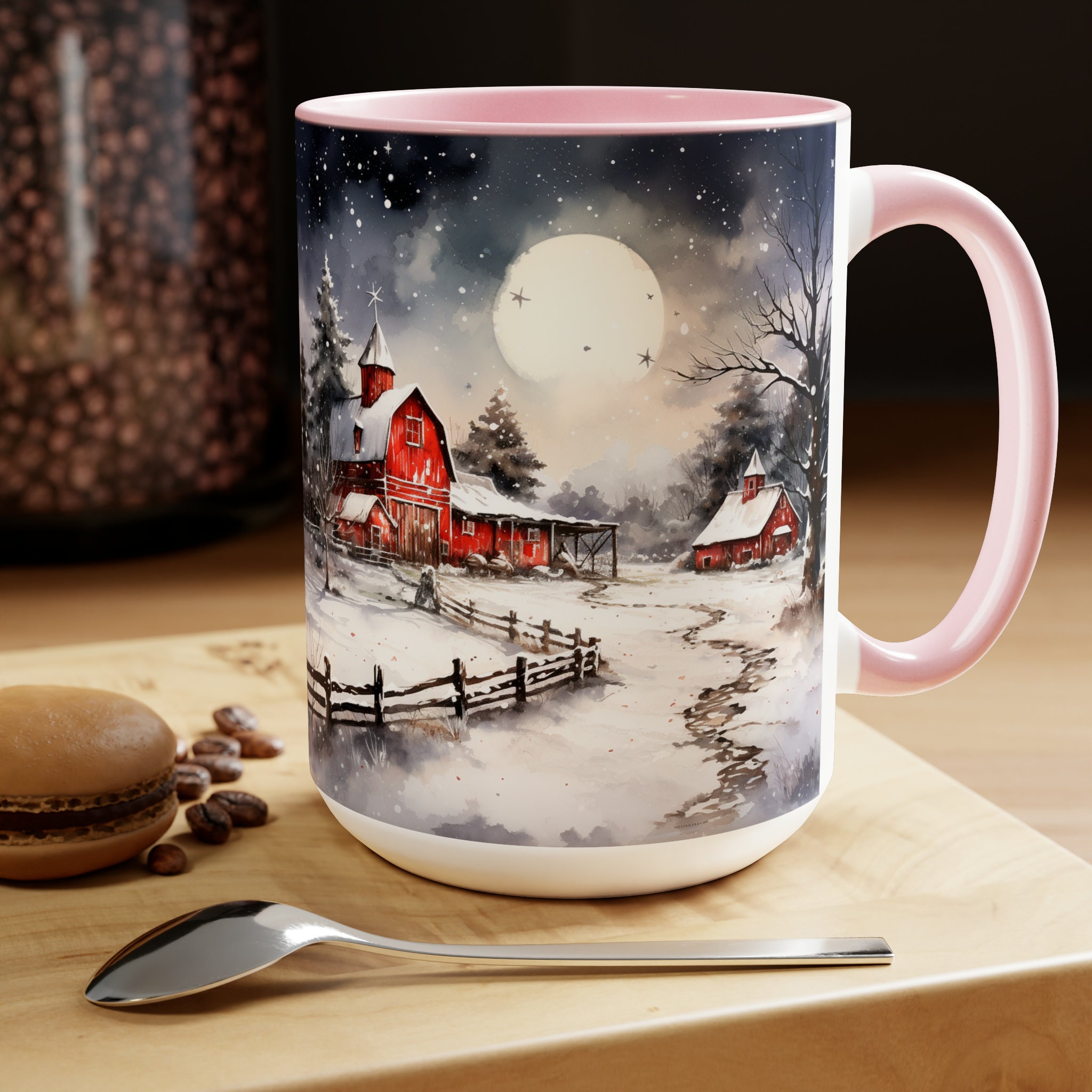 Winter Barn Mug Large Ceramic Coffee Cup 15oz Vintage Barn Mug Winter ...