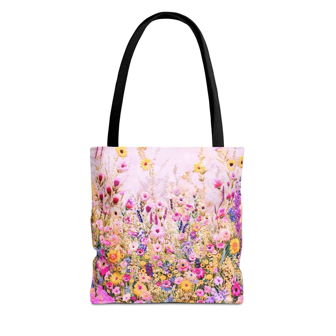 Tote Bag Pink Floral Embroidered Tote Bag Flower Pattern Tote Bag ...