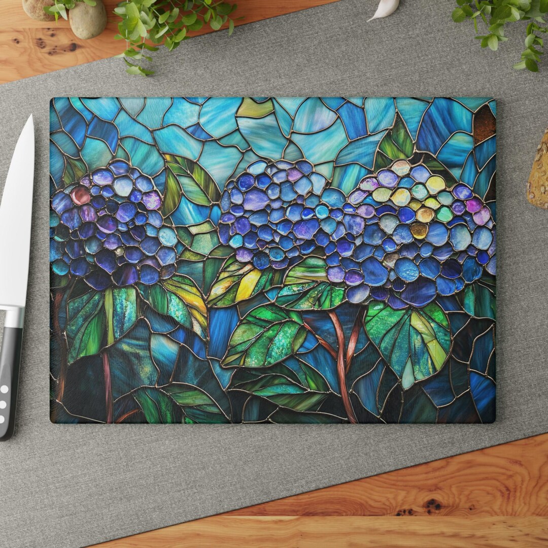 Stained Glass Hydrangea Cutting Board Blue Floral Botanical Glass ...