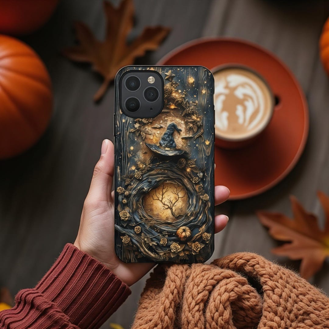 Witchy Halloween Phone Case Gothic Forest Pumpkin and Witch Hat Design ...