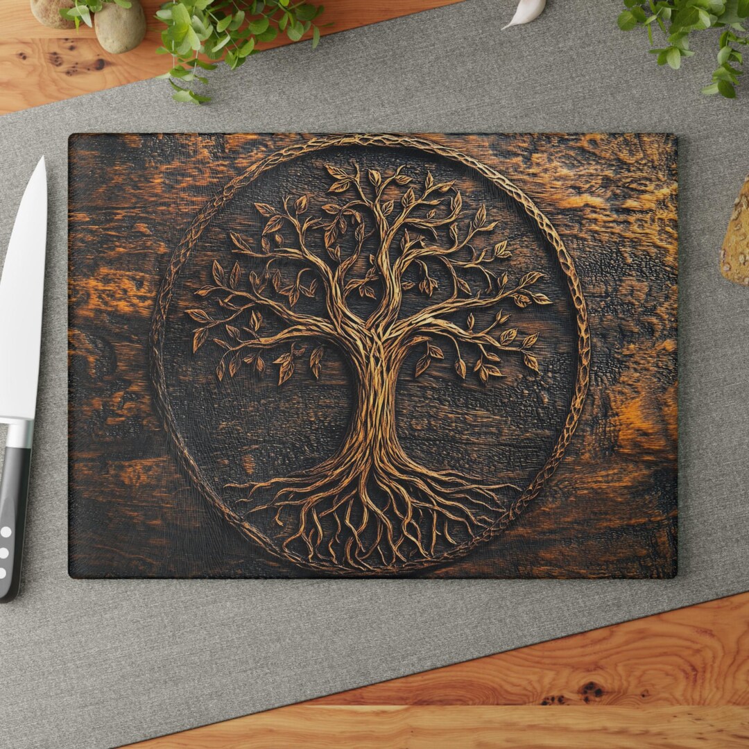 Wood Look Tree of Life Cutting Board Tempered Glass Rustic Kitchen ...