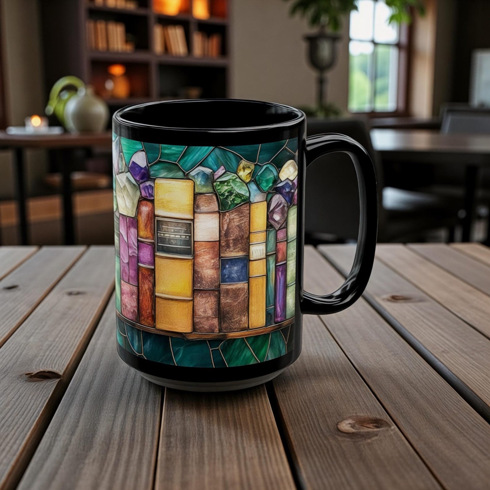 Stained Glass Bookshelf Mug Colorful Book Lover Coffee Cup With ...