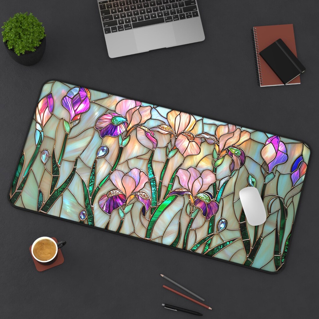 Stained Glass Iris Desk Mat Elegant Workspace Accessory Office Decor ...