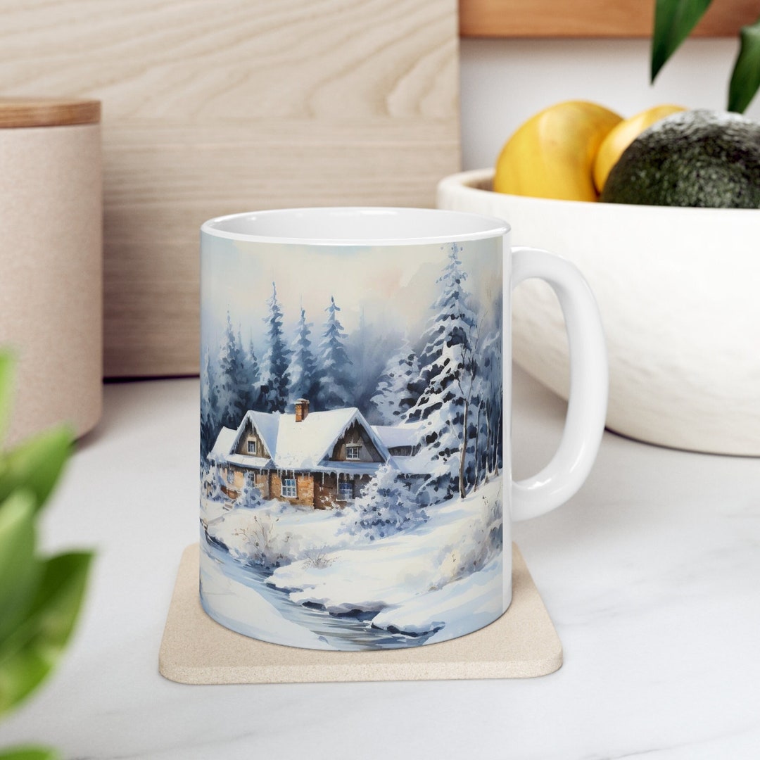 Winter Themed Mug Festive Ceramic Mug Holiday Gift Present Evergreen ...