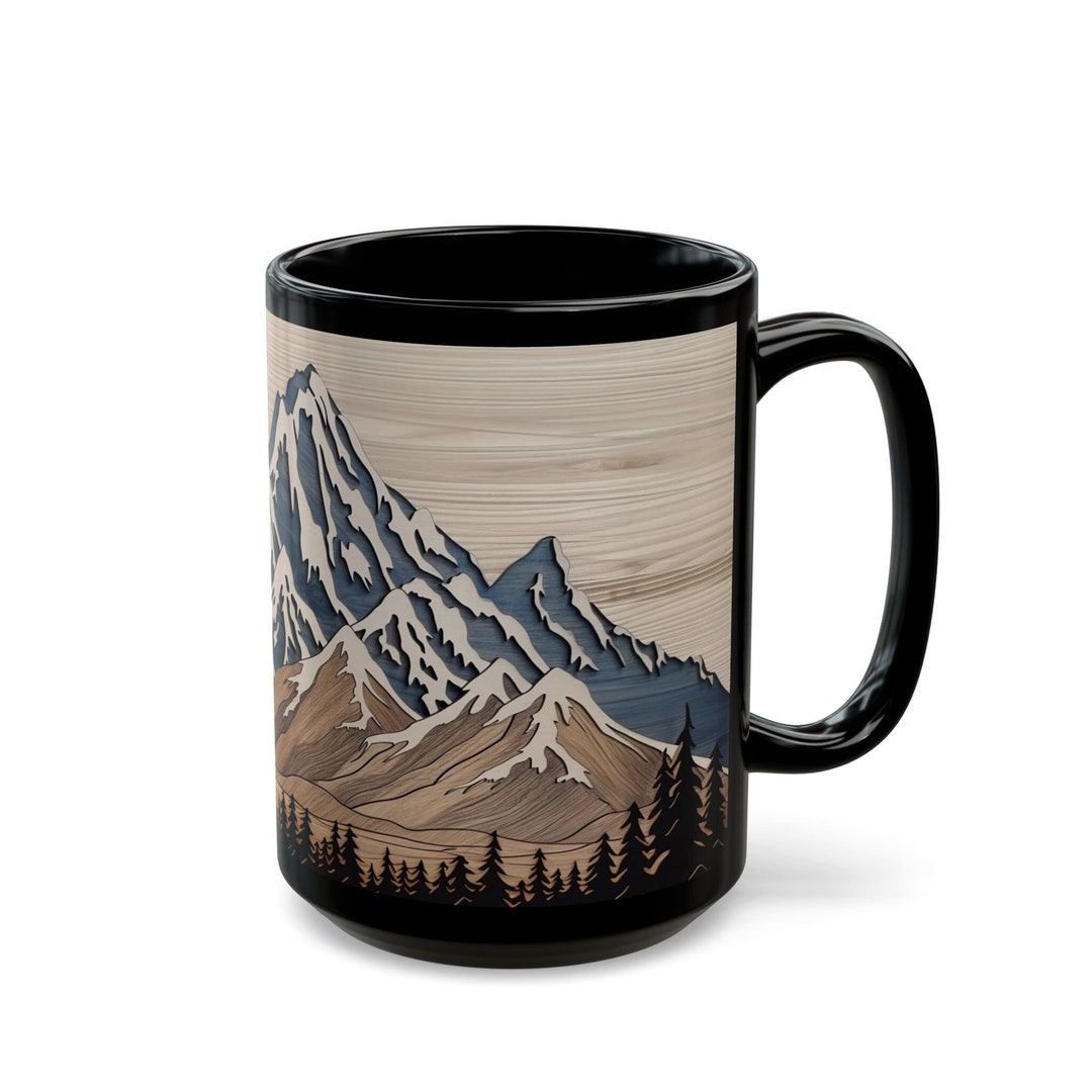 Wood Grain Mountain Mug: Black Ceramic Coffee Cup, Rustic Nature Design ...