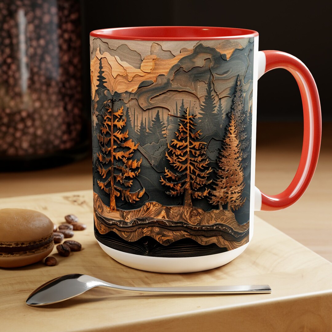 Pine Tree Mug Carved Wood PRINT Tree Mug Wood Wall Art Style Tea Mug ...
