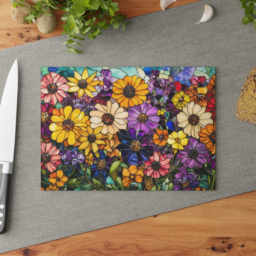 Ethereal Stained Glass Cutting Board Vibrant Floral Kitchen Art ...