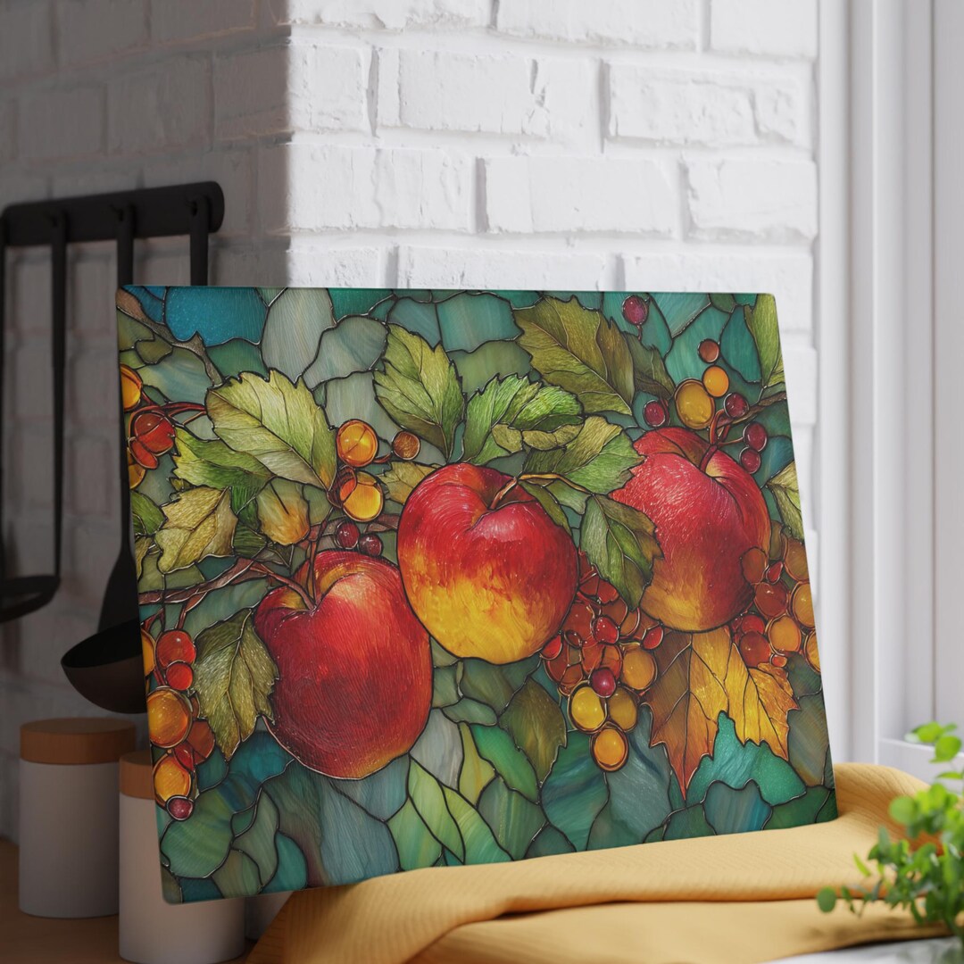 Autumn Harvest Cutting Board Stained Glass Apple and Leaves Design With ...