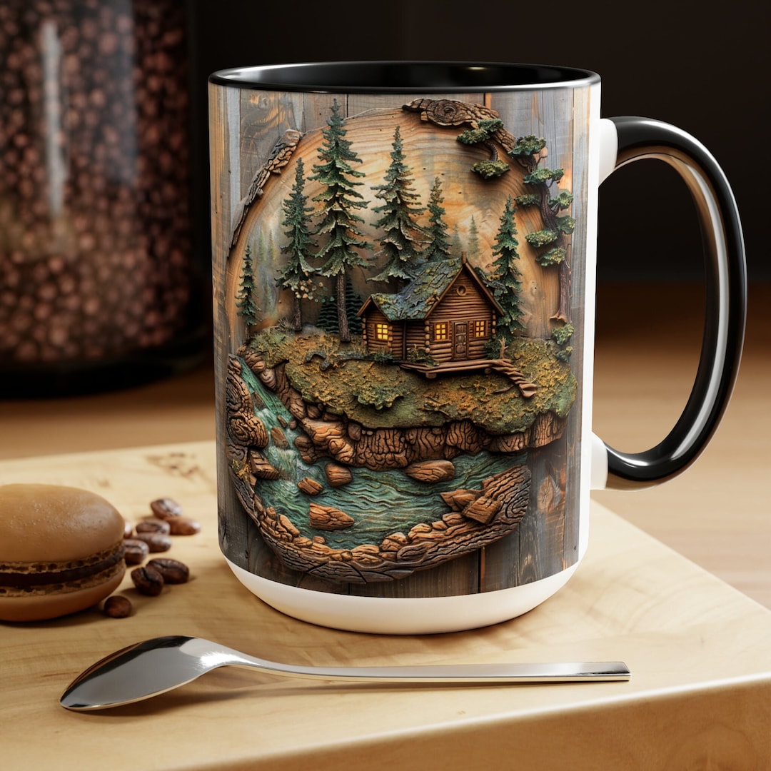 Rustic Cabin River Ceramic Mug Wood Style Mountain Forest Lodge Scenic ...