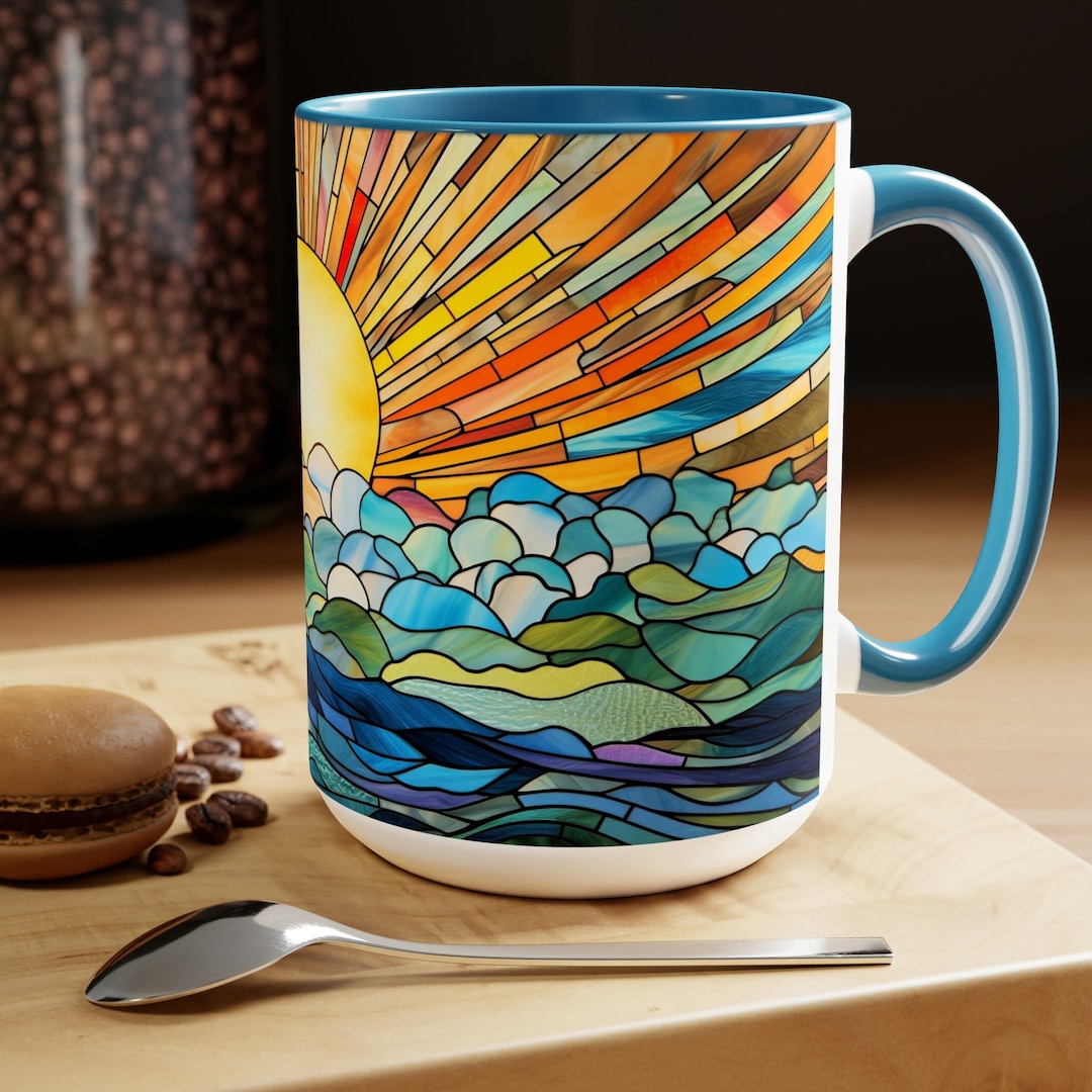 Stained Glass Ocean Waves Mug Sunset Over the Beach Coffee Mug Coastal ...