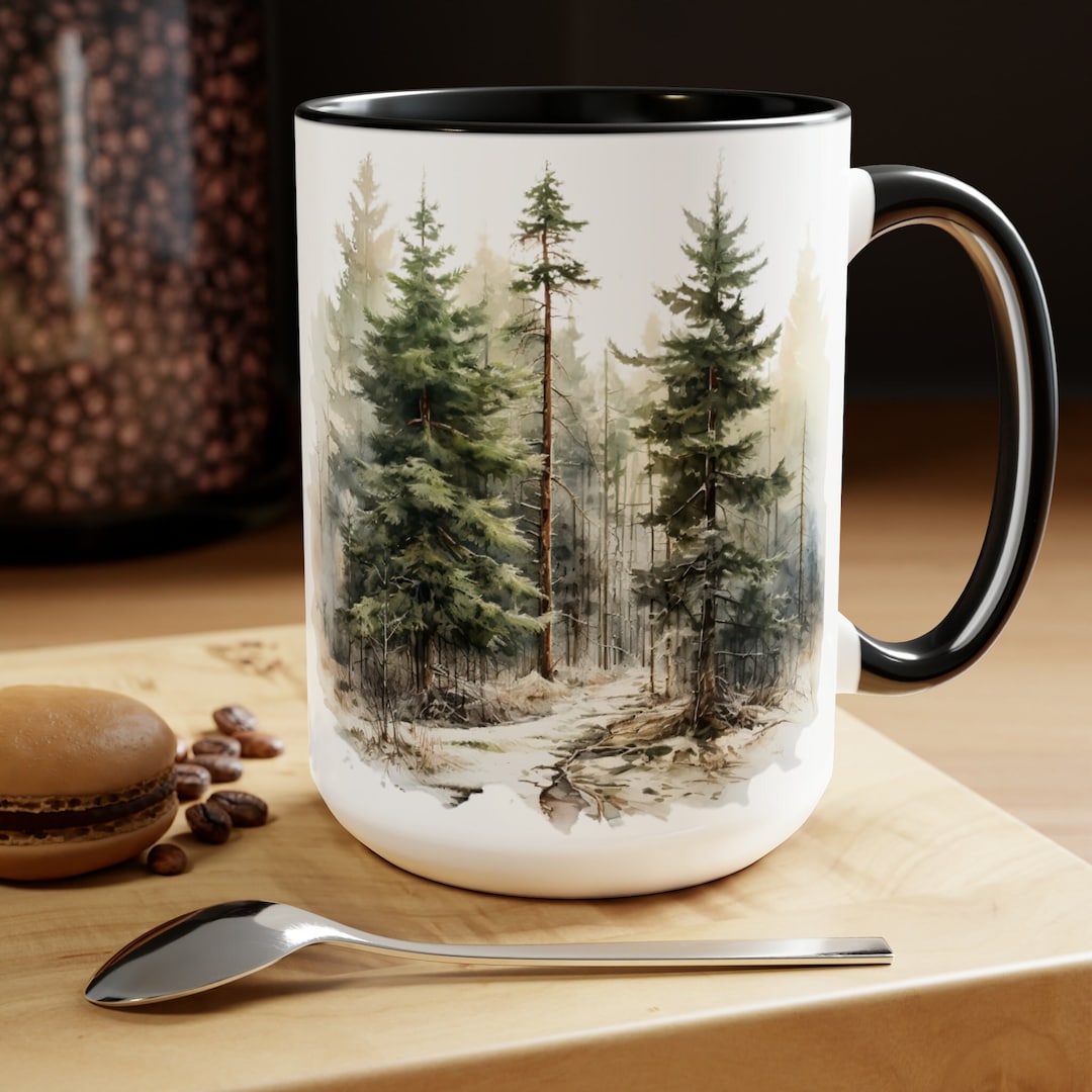 Evergreen Forest Coffee Mug: Winter Landscape, Nature Christmas Decor ...