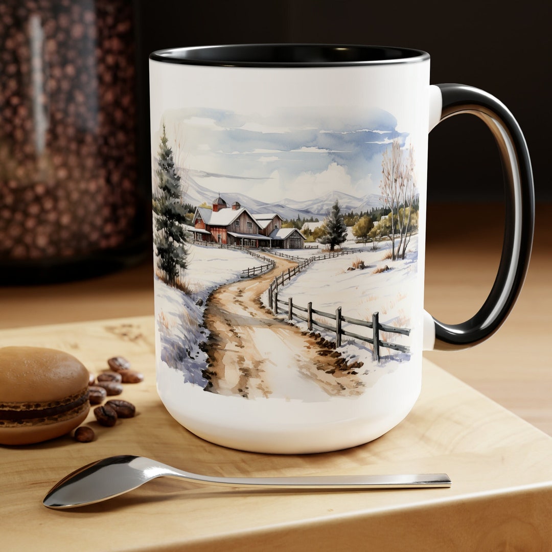Winter Ranch Tea Cup Snow Covered Ranch Mug Farmhouse Winter Scene Mug ...