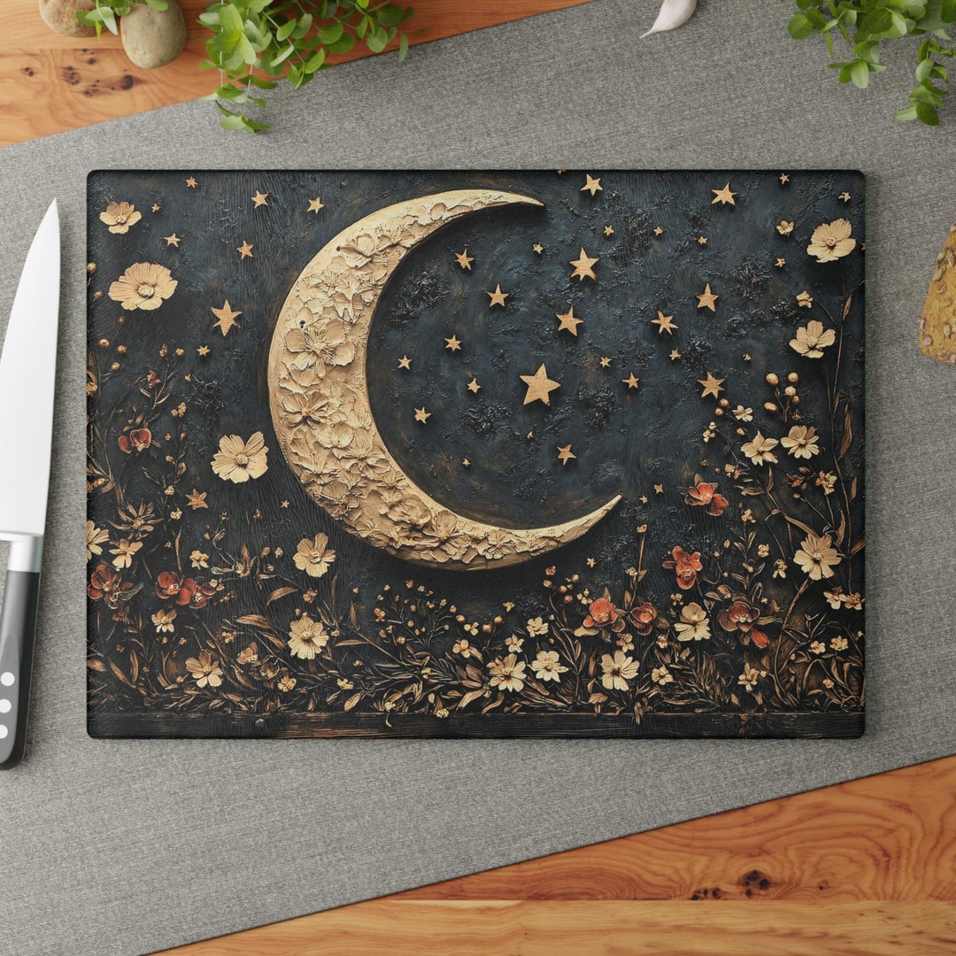 Crescent Moon & Wildflowers Glass Cutting Board Gothic Celestial ...