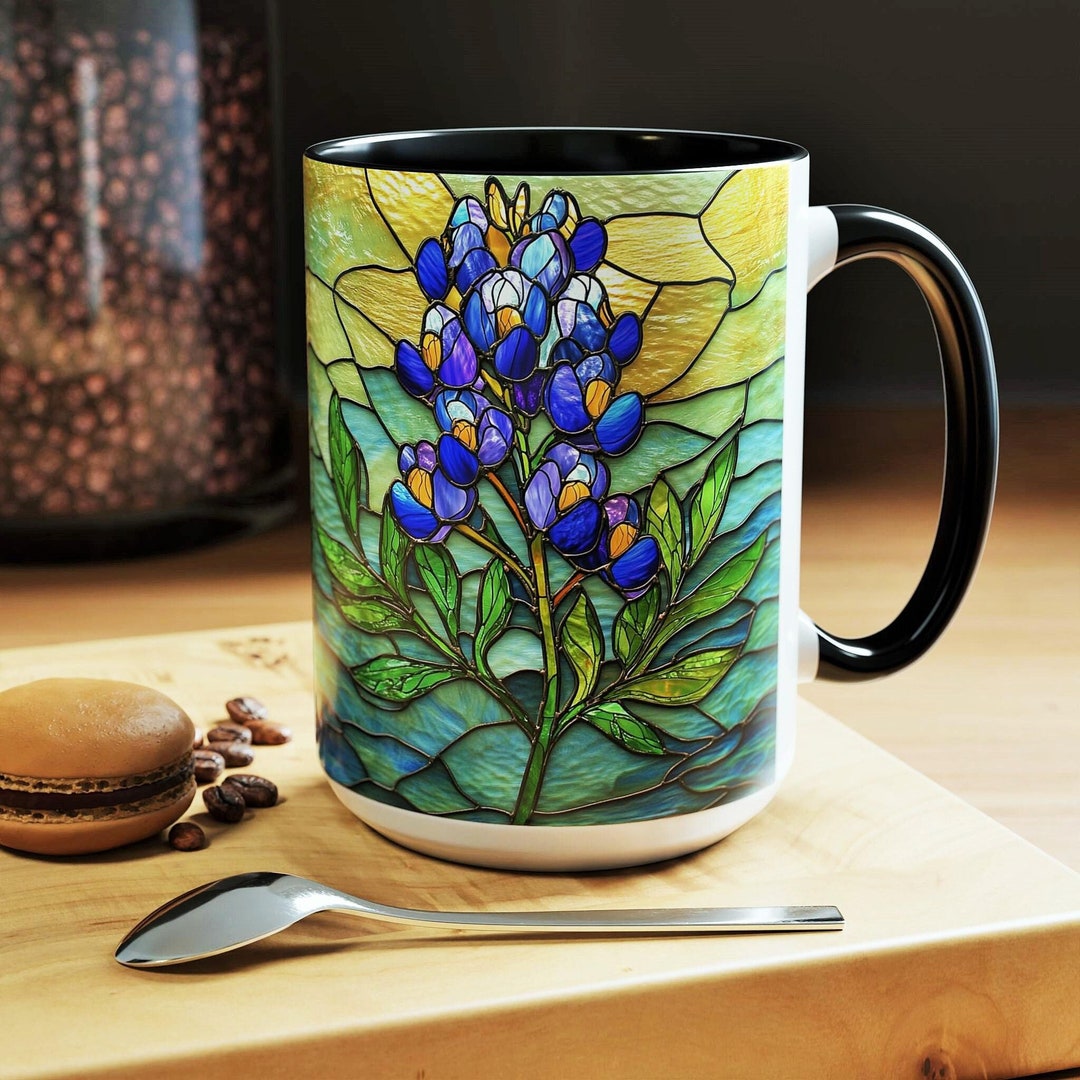 Texas Bluebonnet Mug Stained Glass Wildflower 15oz Ceramic Coffee Cup ...