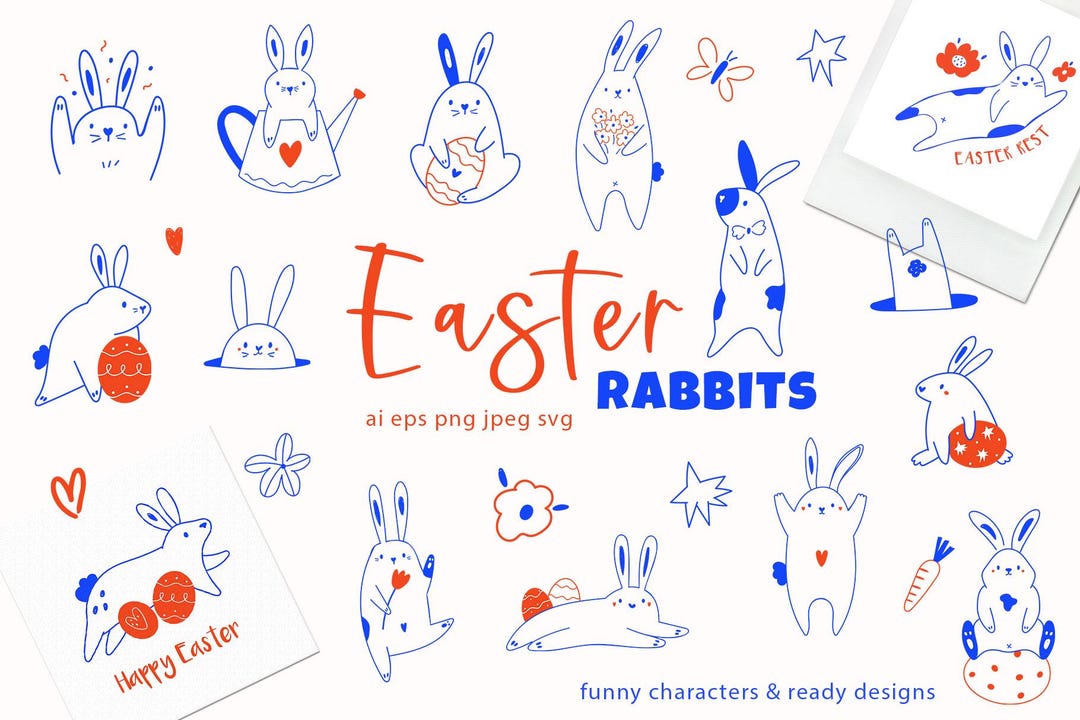 Easter Bunny Clipart Set, Hand Drawn Rabbits, Spring Clipart, Ready ...