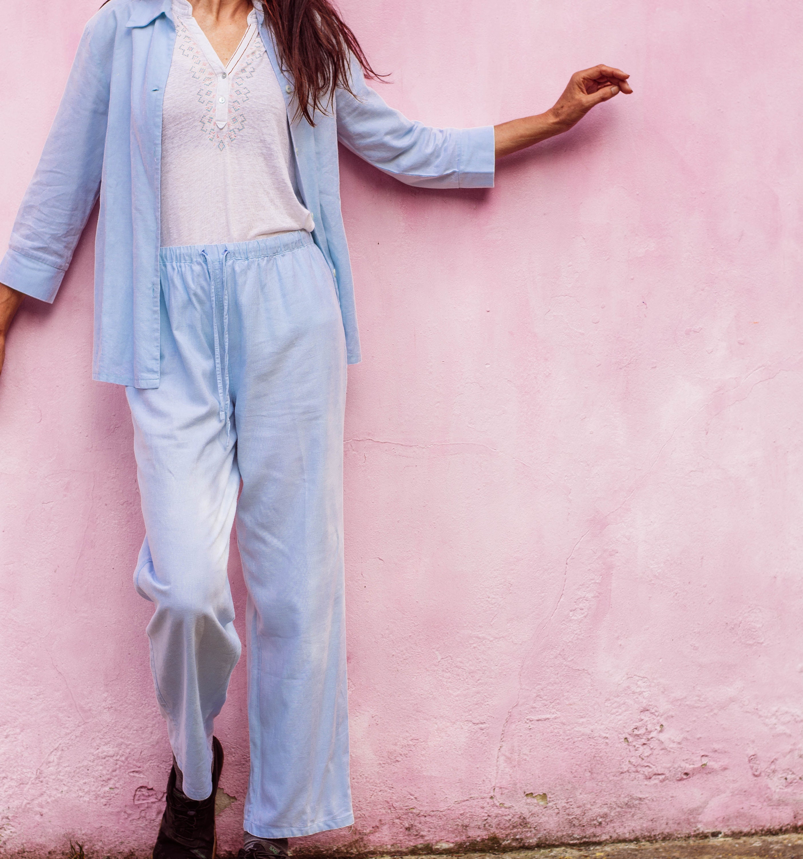 Elegant Pastel Blue Vintage Linen Set for Women - Jacket and Pants ...