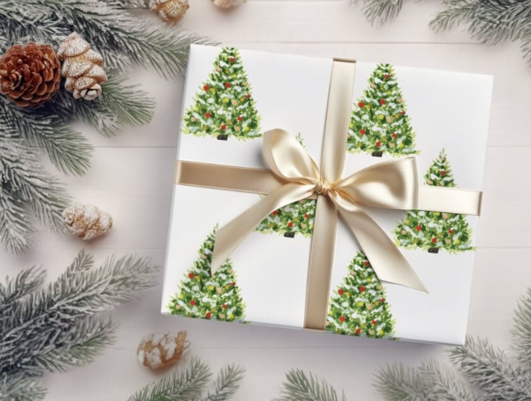 Christmas Trees Wrapping Paper: White tree Wrap, Green Xmas Wrap ...