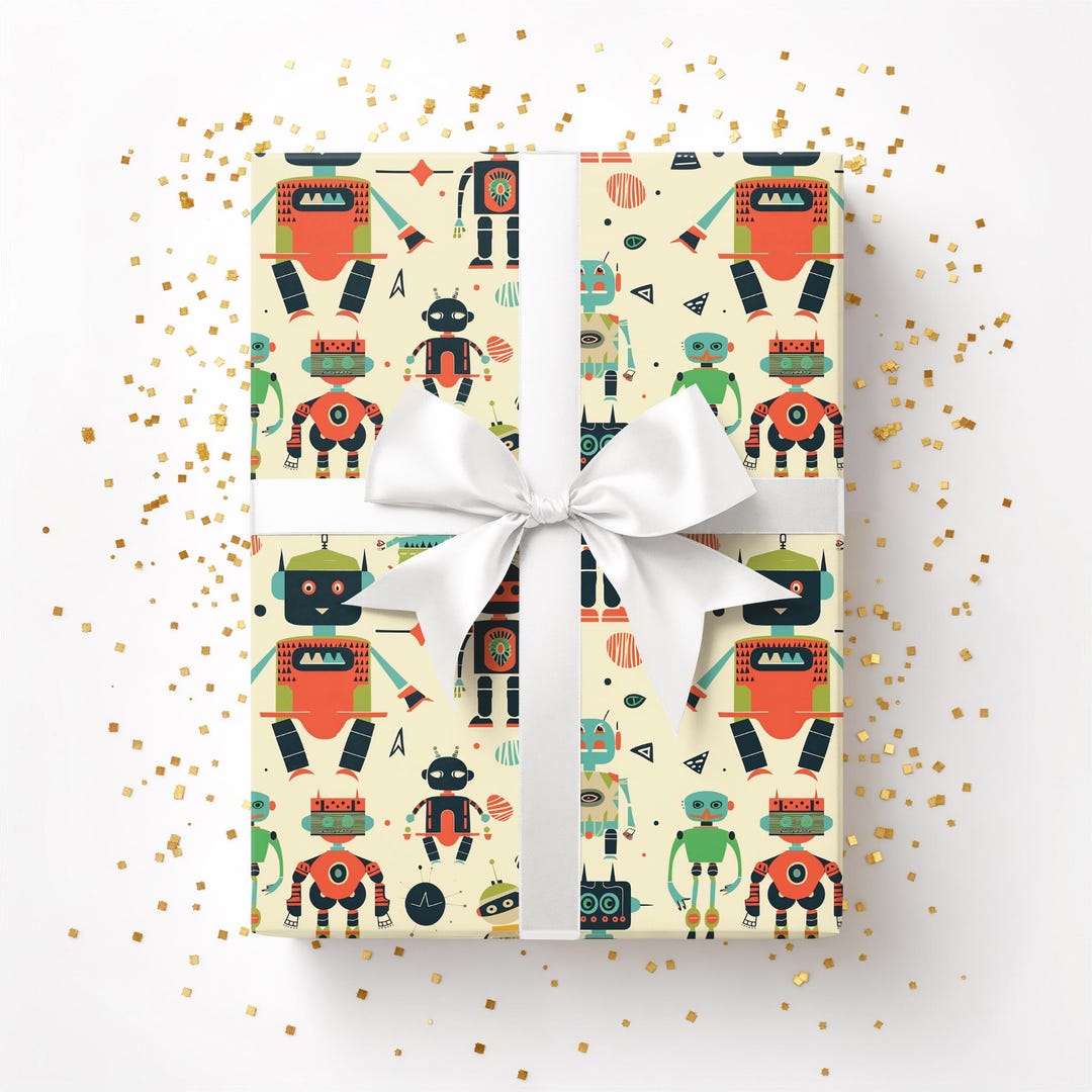 Robots Wrapping Paper, Cute Children's Gift Wrap, Retro Aesthetic ...