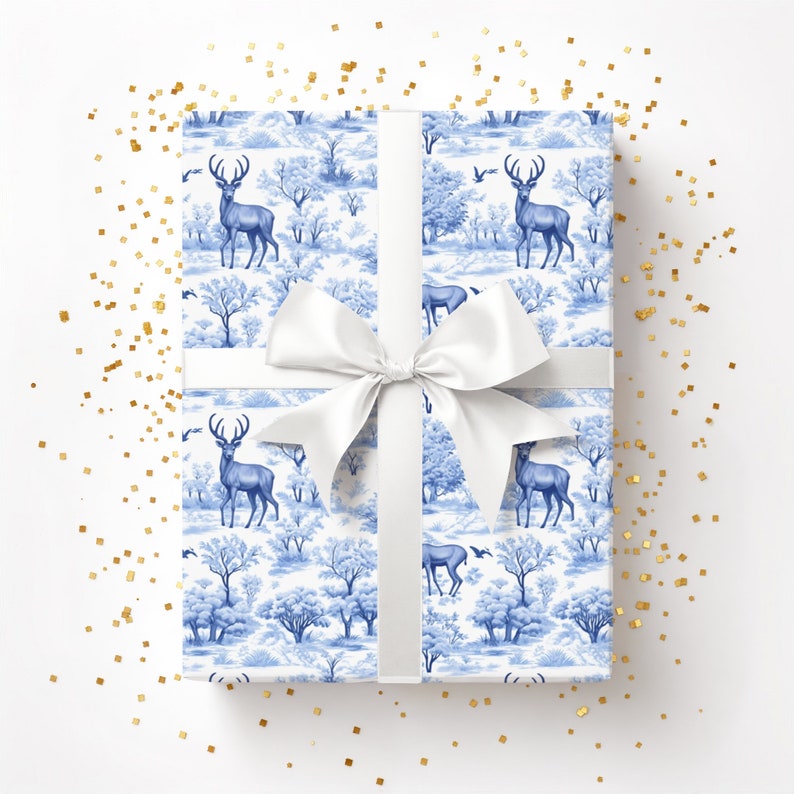 Chinoiserie Wrapping Paper Blue Deer Toile Gift Wrap Holiday Wrap ...
