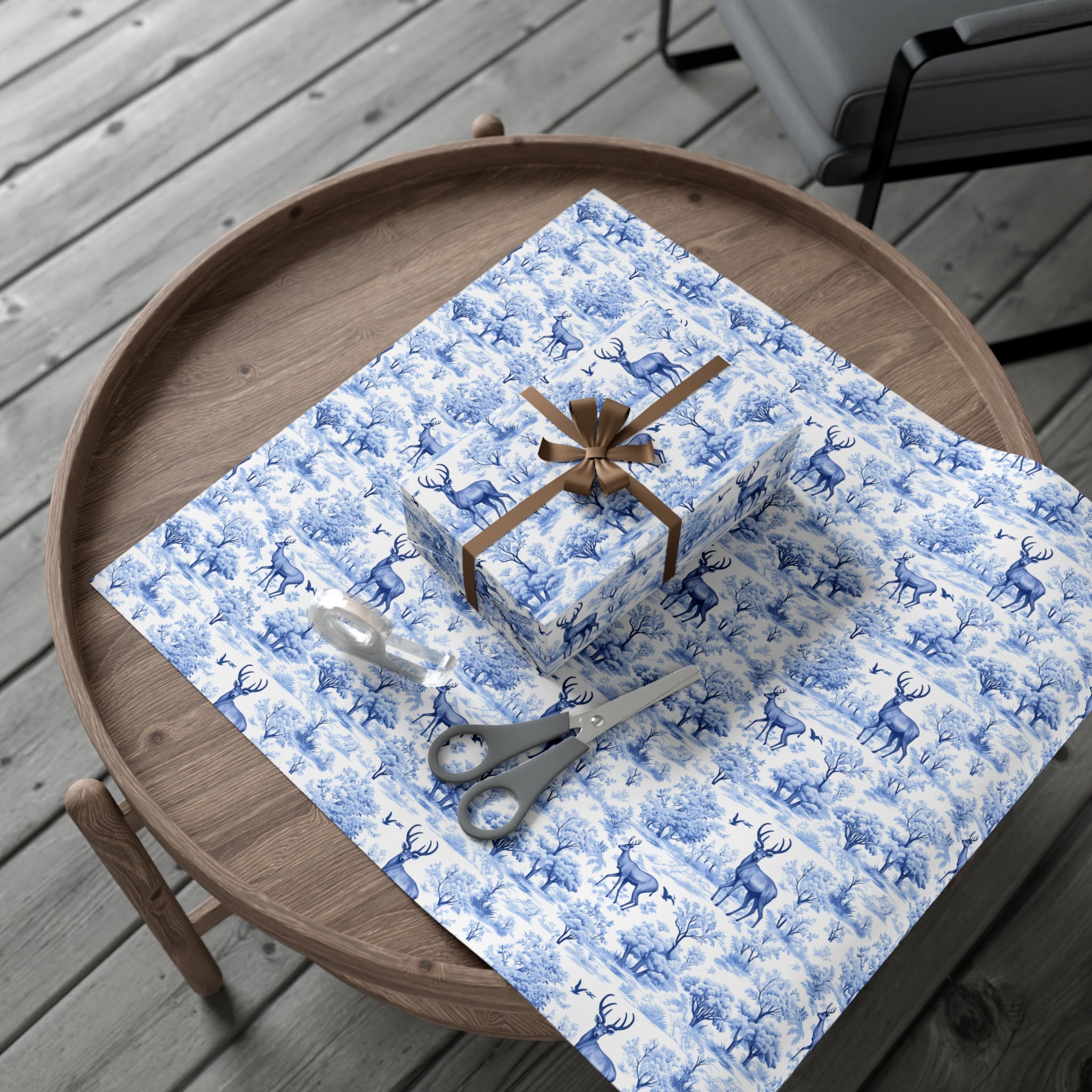 Chinoiserie Wrapping Paper Blue Deer Toile Gift Wrap Holiday Wrap ...