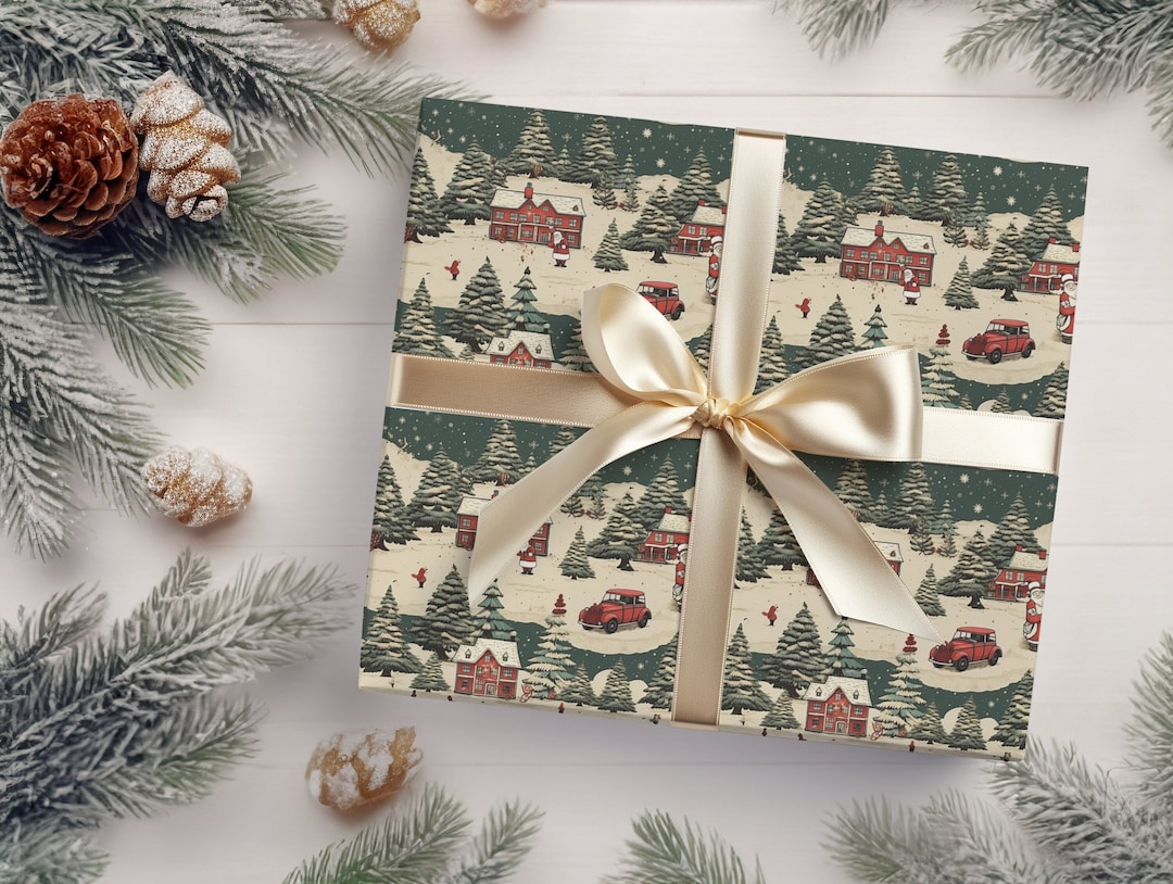 Christmas Village Wrapping Paper: tree Wrap, Green Xmas Wrap, Holiday ...