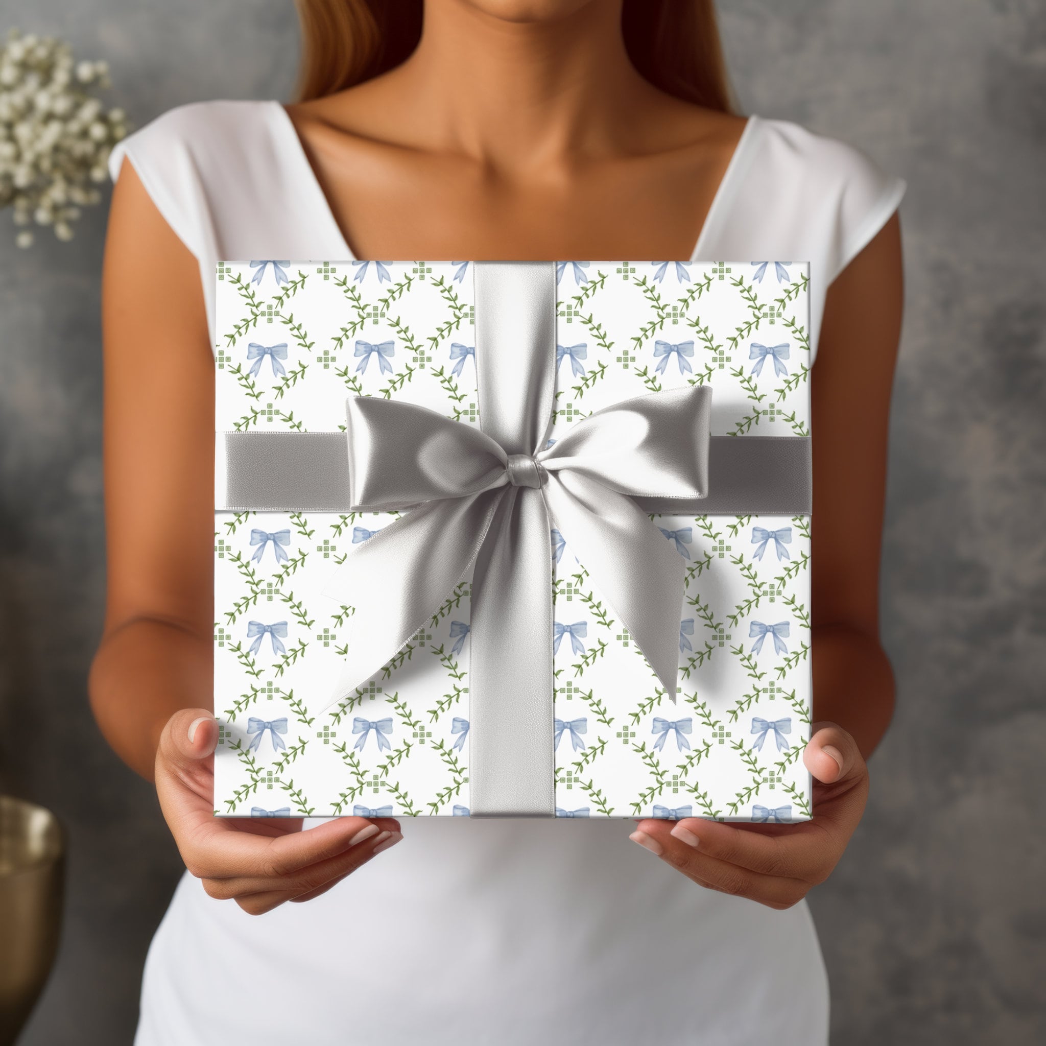 Wrapping Paper Blue Bow Trellis Gift Wrap Spring Wrap Illustration ...