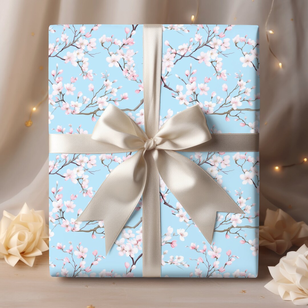 Blue Chinoiserie Dogwood Wrapping Paper Spring Wrap Illustration ...