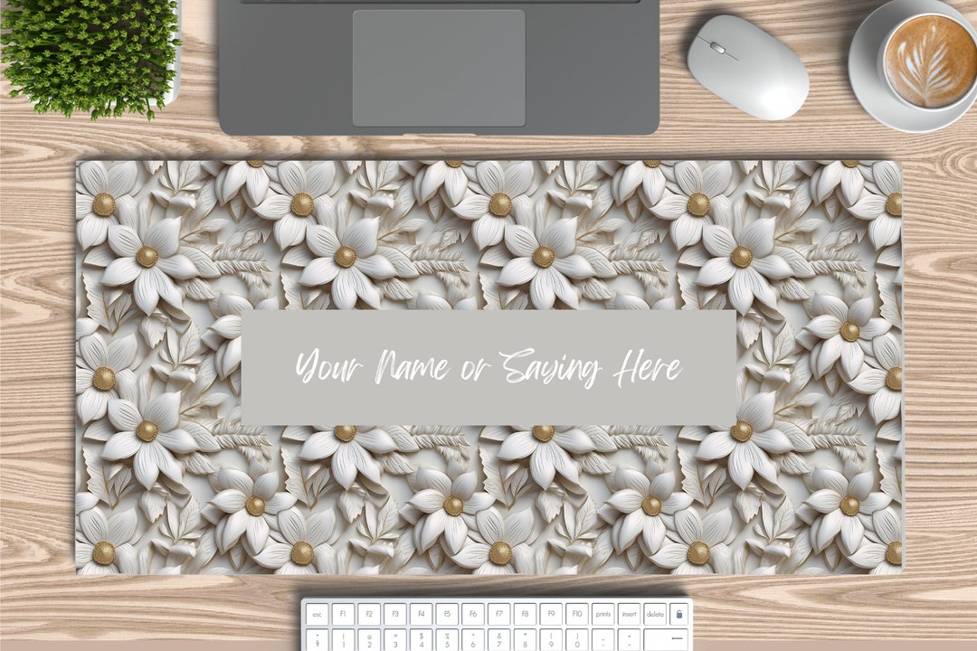3D White Floral Desk Mat Personalized Pattern Desk Mat Accessory Cute ...