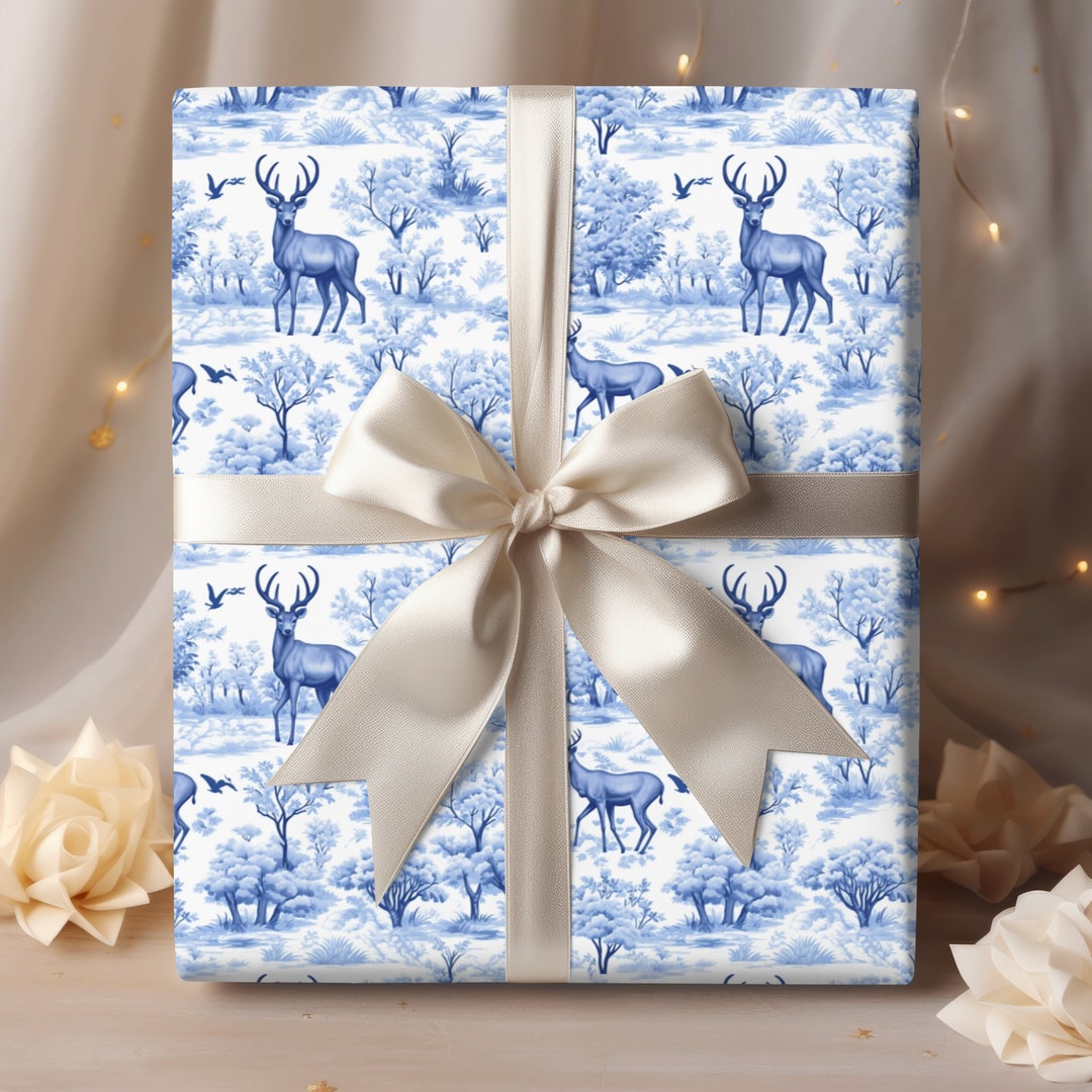 Chinoiserie Wrapping Paper Blue Deer Toile Gift Wrap Holiday Wrap ...