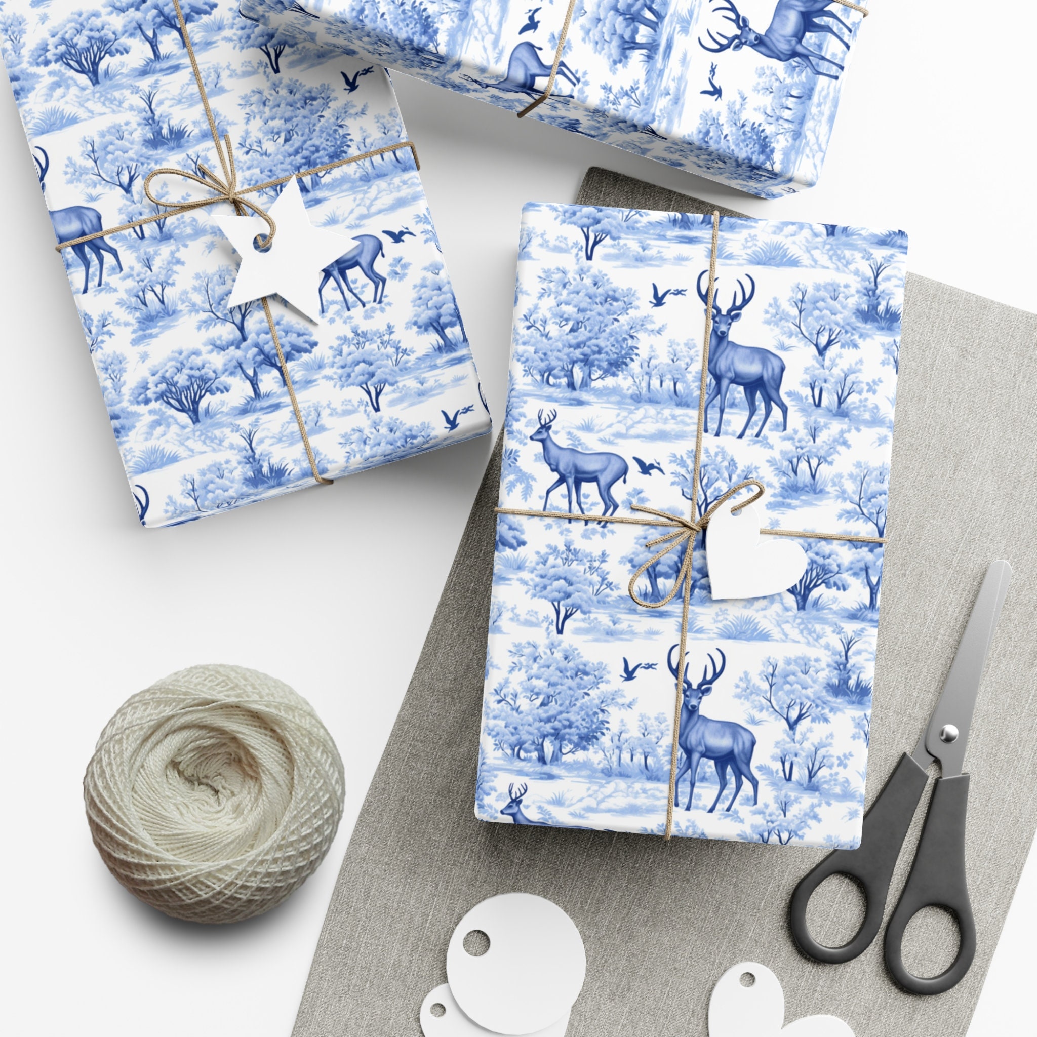Chinoiserie Wrapping Paper Blue Deer Toile Gift Wrap Holiday Wrap ...