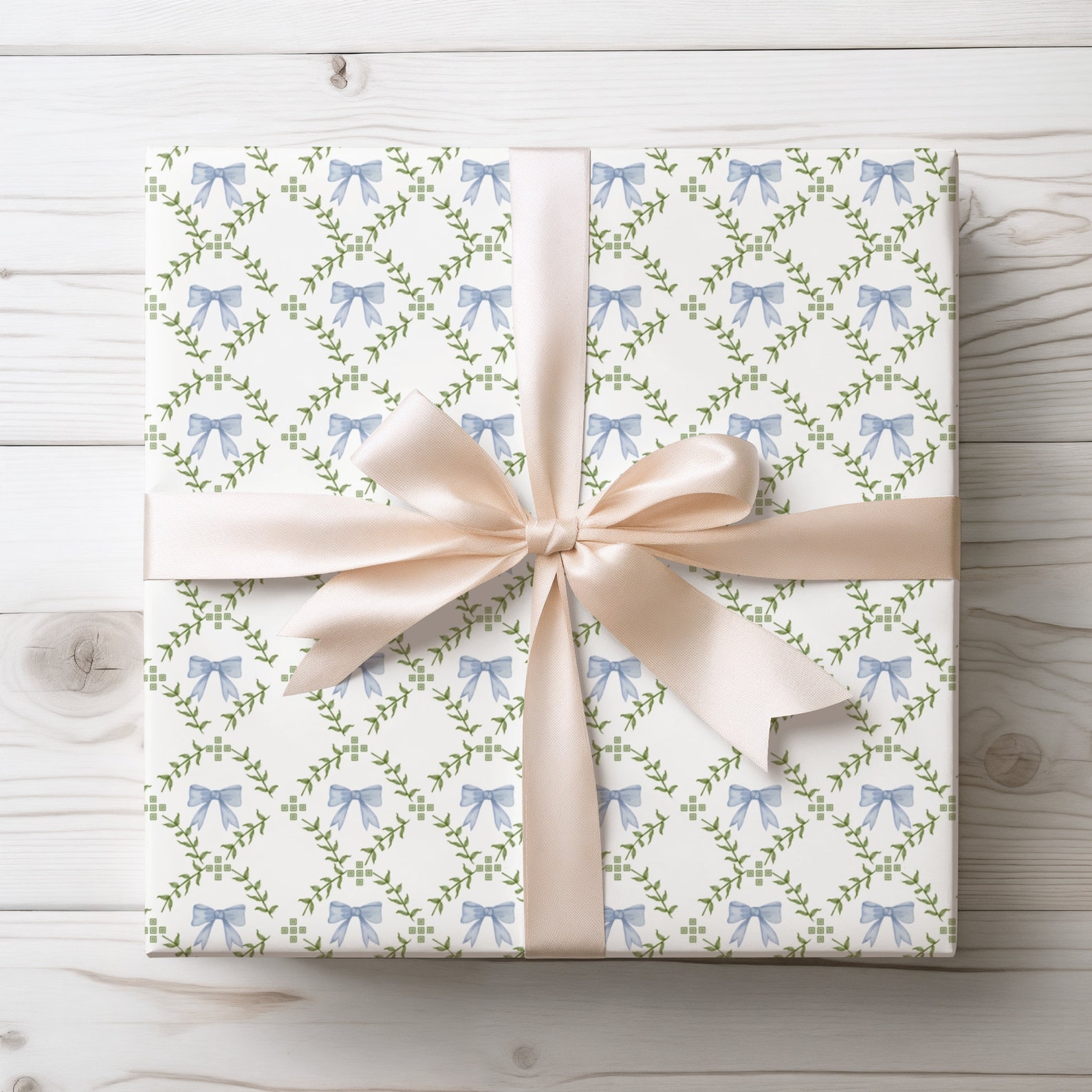 Wrapping Paper Blue Bow Trellis Gift Wrap Spring Wrap Illustration ...