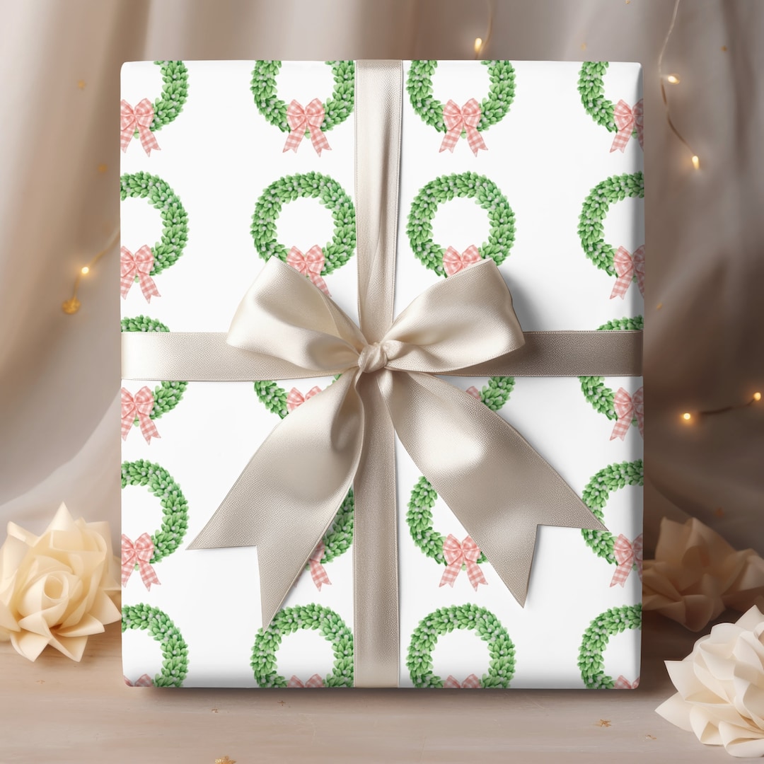 Wreath Wrapping Paper Pink Bow Wreath Gift Wrap Holiday Wrap ...