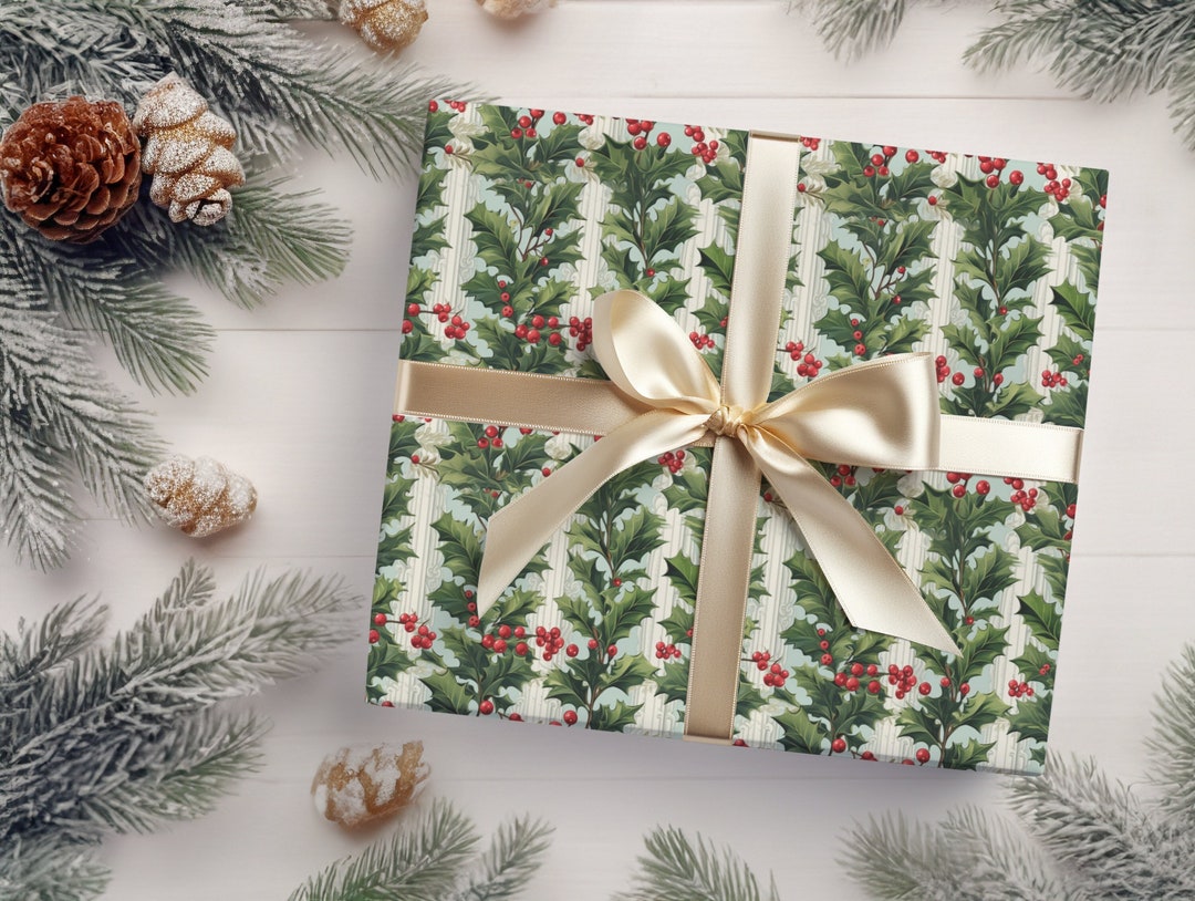 Christmas Holly Wrapping Paper: holly Wrap, Green Xmas Wrap, Holiday ...
