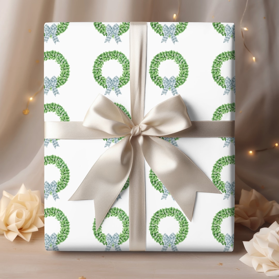 Wreath Wrapping Paper Blue Bow Wreath Gift Wrap Holiday Wrap ...
