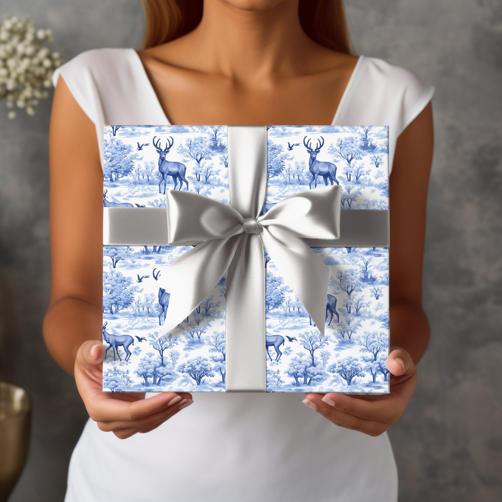Chinoiserie Wrapping Paper Blue Deer Toile Gift Wrap Holiday Wrap ...