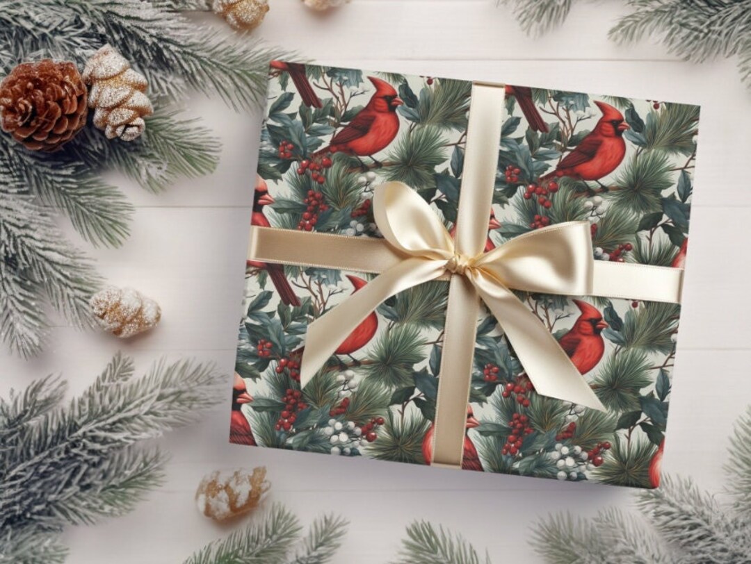 Christmas Cardinal Wrapping Paper: tree Wrap, Green Xmas Wrap, Holiday ...