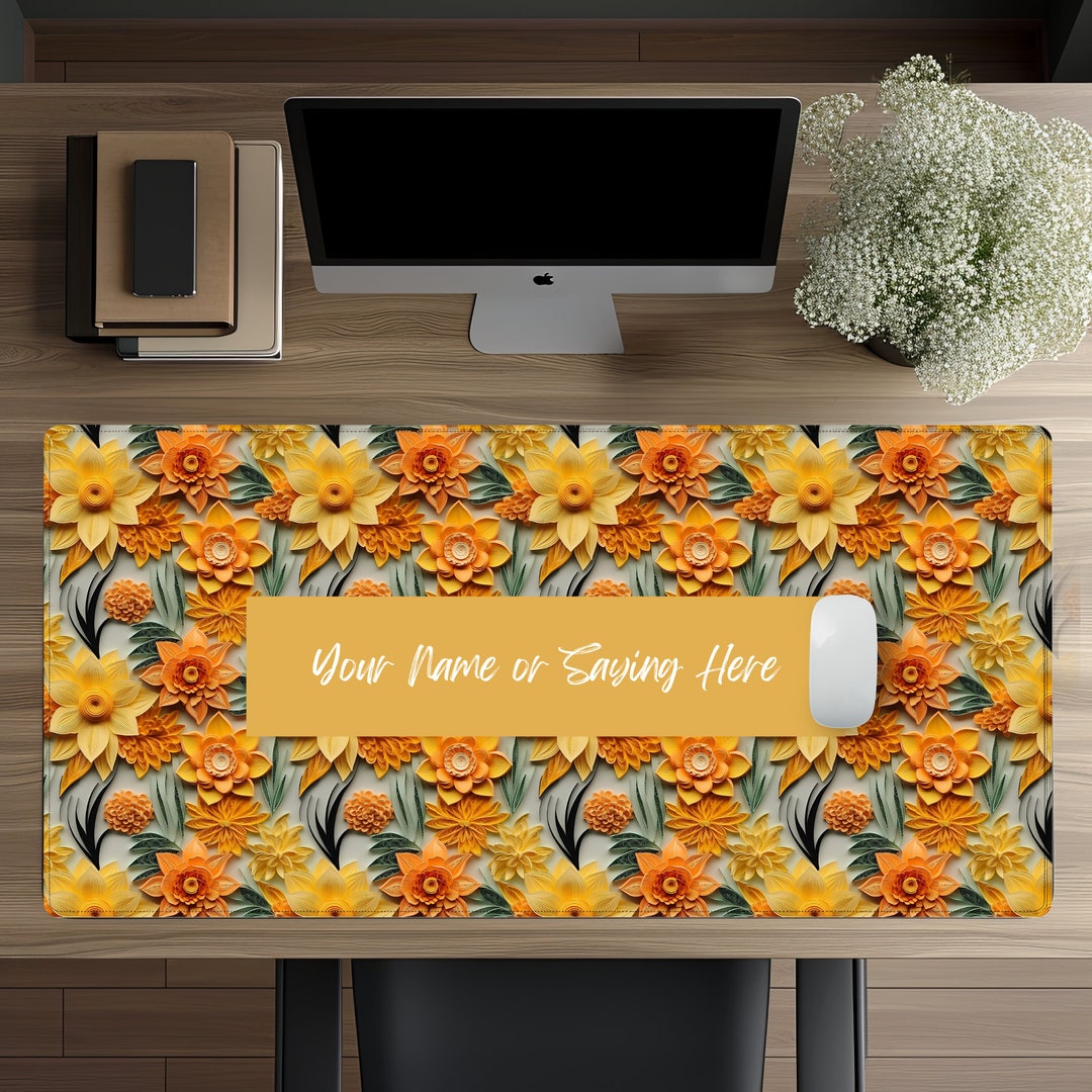 Desk Mat Personalized Pattern Yellow Orange Floral Desk Accessory Cute ...