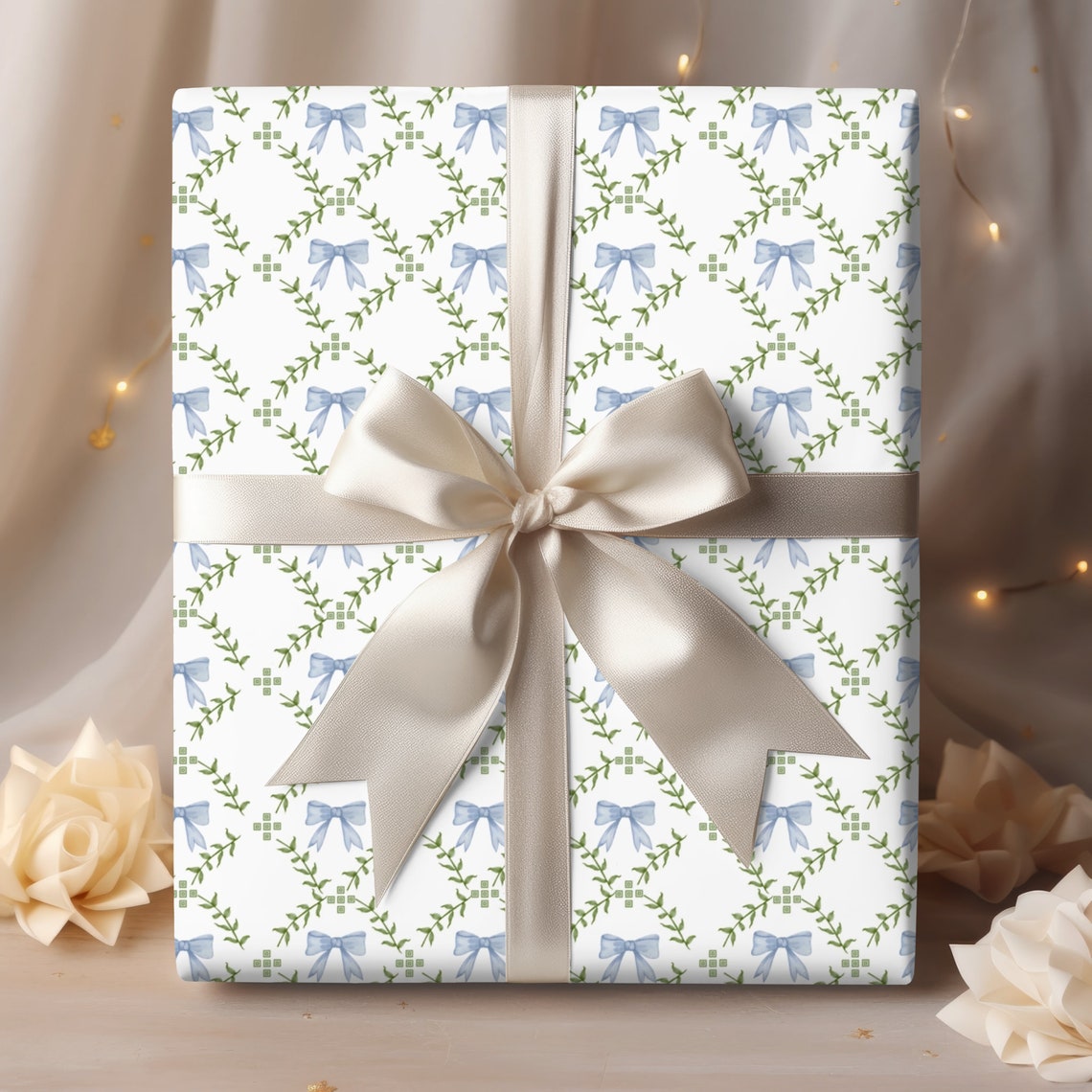 Wrapping Paper Blue Bow Trellis Gift Wrap Spring Wrap Illustration ...