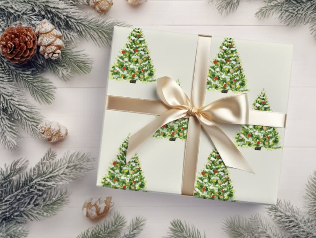Christmas Trees Wrapping Paper: Cream tree Wrap, Green Xmas Wrap ...