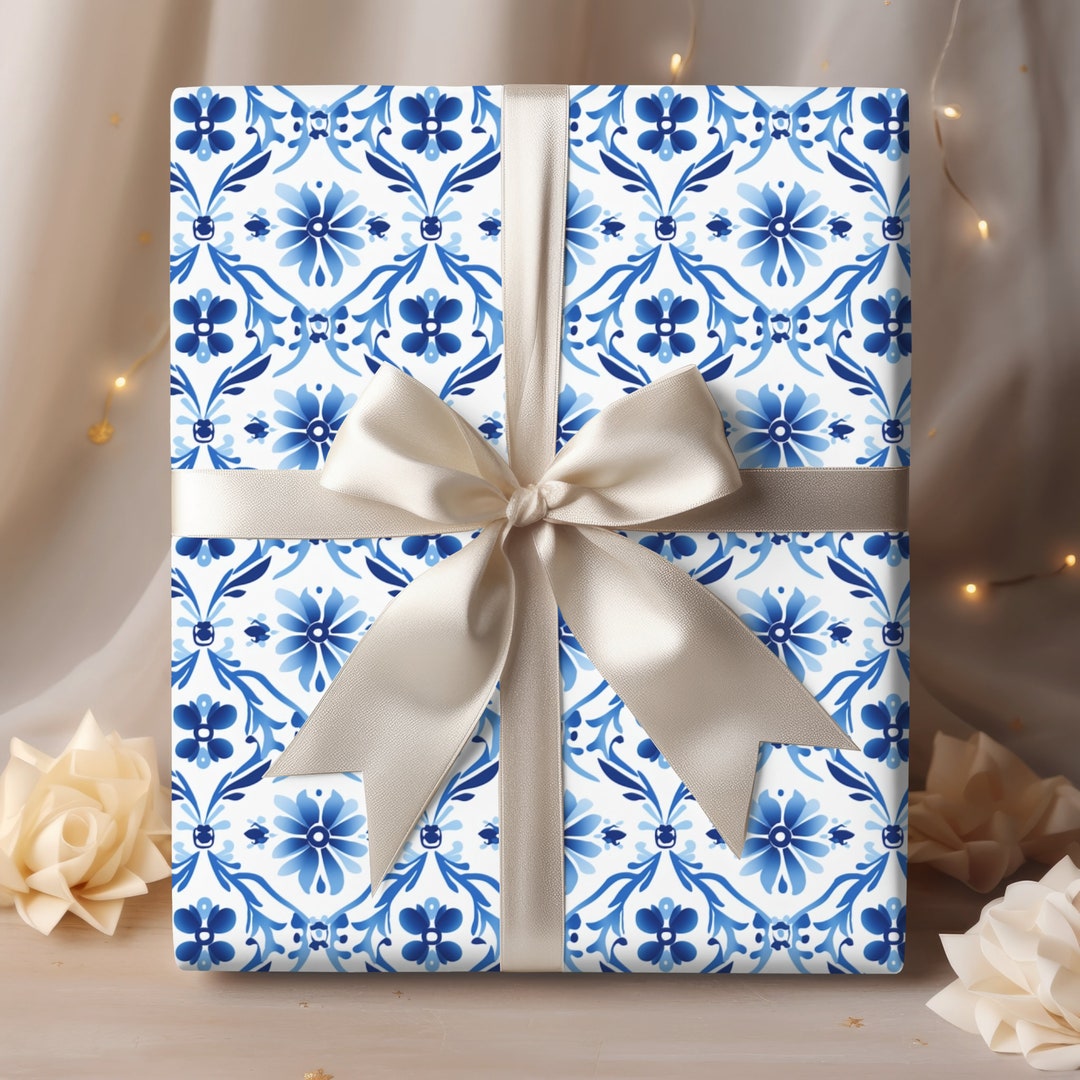 Wrapping Paper Blue Tile Pattern Gift Wrap Spring Wrap Illustration ...
