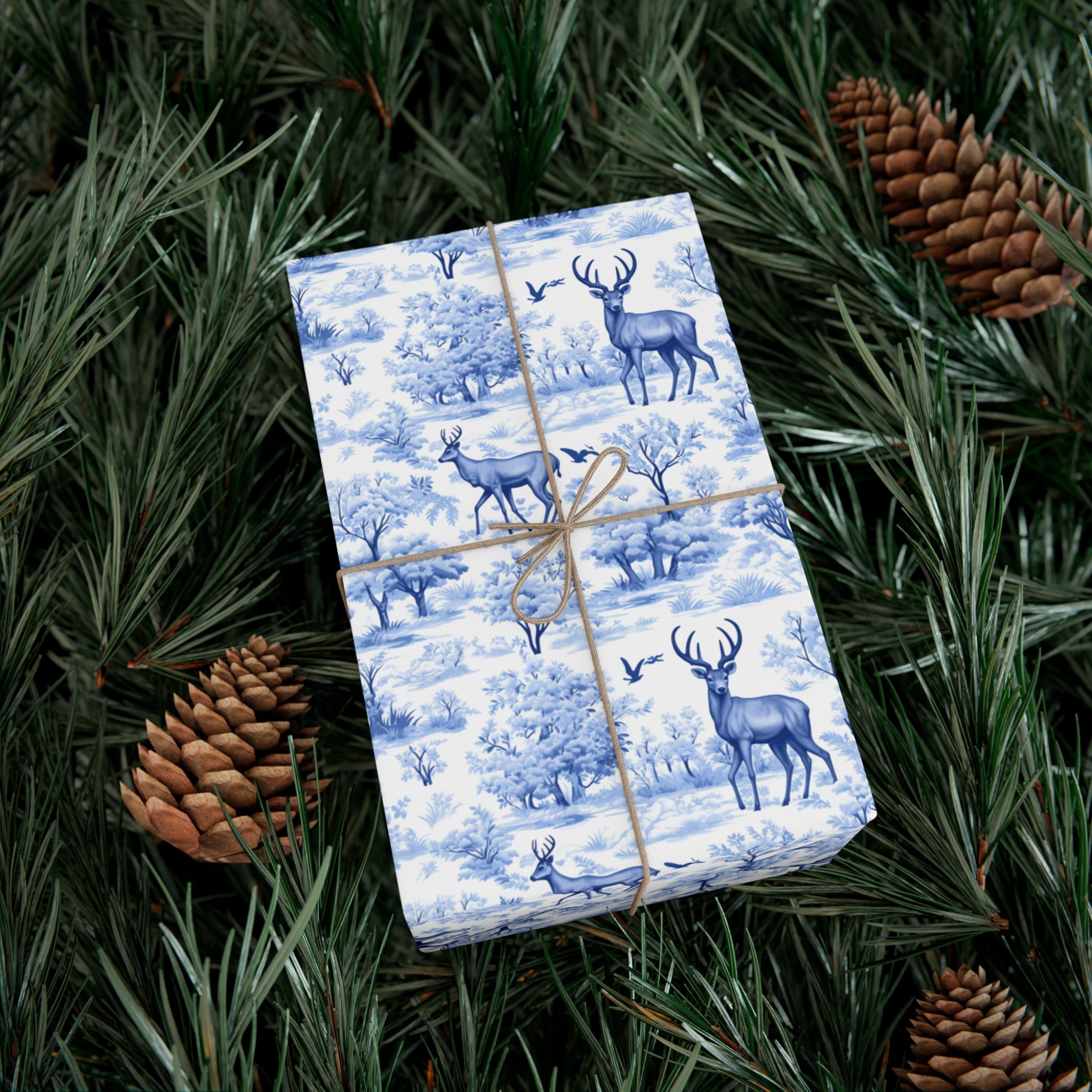 Chinoiserie Wrapping Paper Blue Deer Toile Gift Wrap Holiday Wrap ...