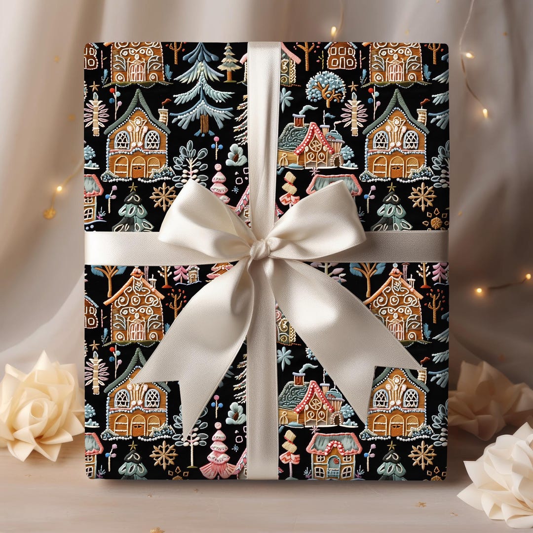 Christmas Gingerbread Gift Wrap, Embroidery Style Christmas Village ...