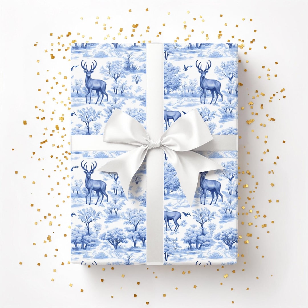 Chinoiserie Wrapping Paper Blue Deer Toile Gift Wrap Holiday Wrap ...