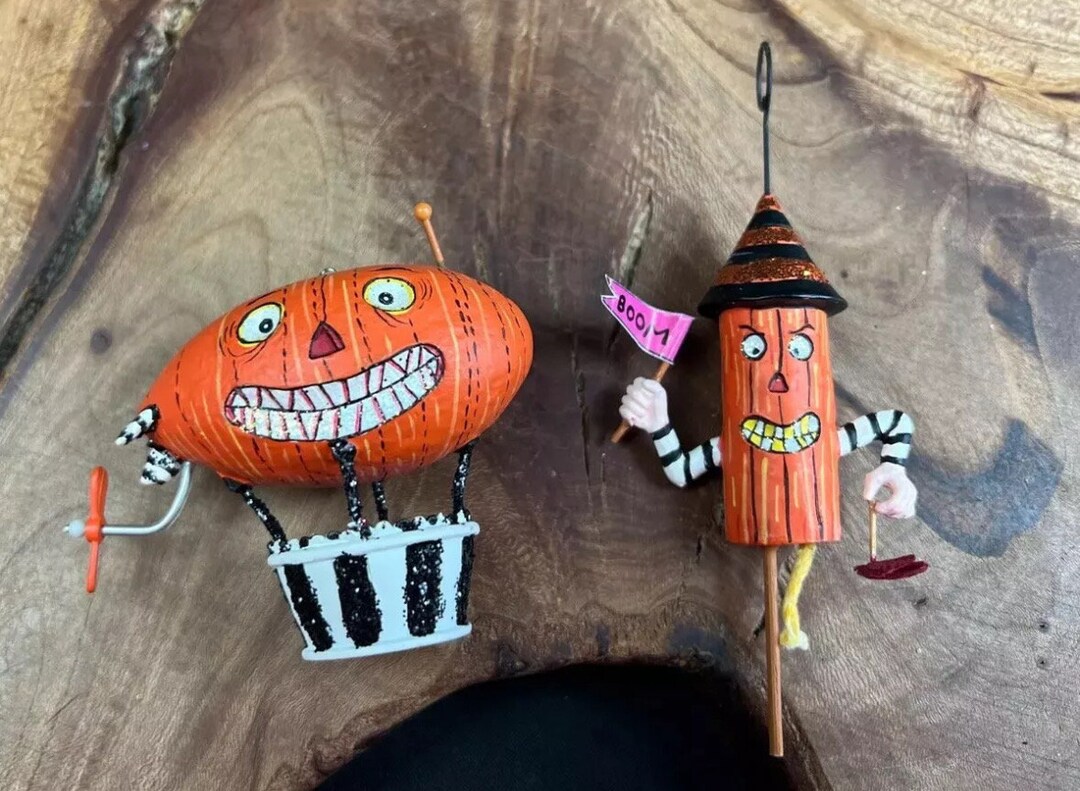 Dept 56 Glitterville Pumpkin Hot Air Balloon and Firecracker Ornaments ...