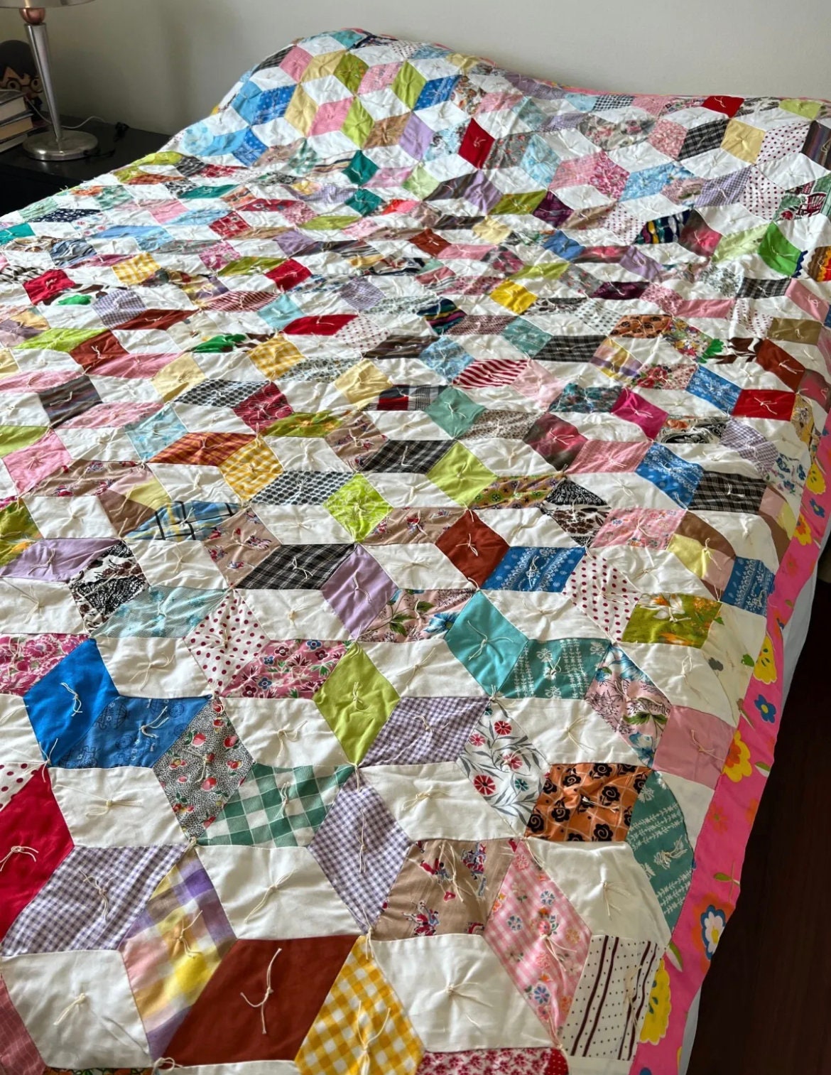 Vintage Handmade Falling Blocks Quilt With Pink 1960s MOD Flowers ...