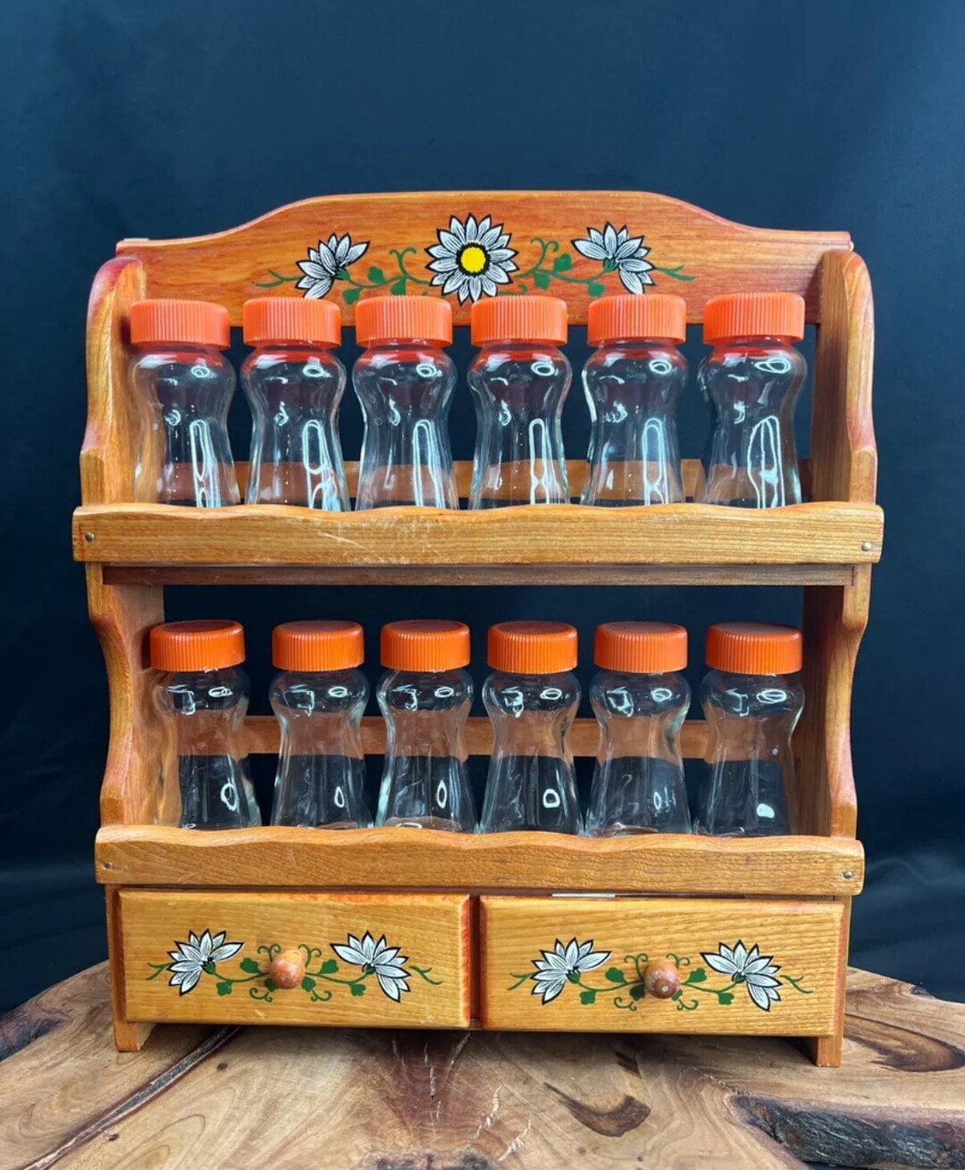 Vintage MCM Daisy Flower Power Wooden Double Row Hanging Spice Rack ...