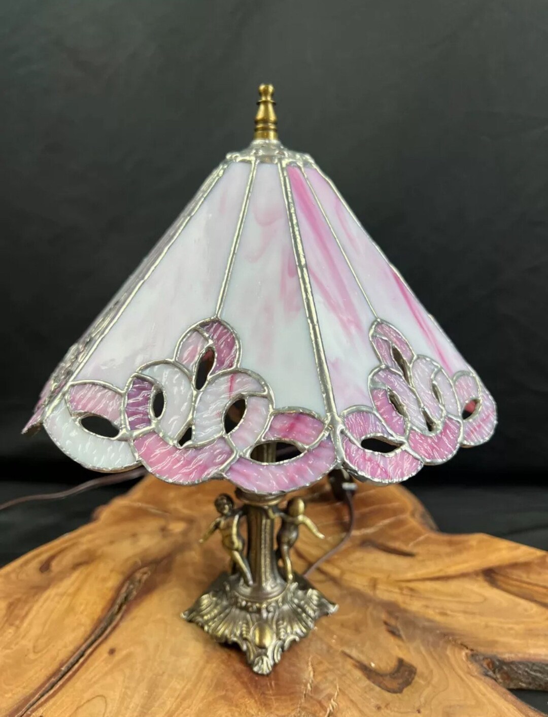 Vintage 60s Tiffa Mini 11 Pink White Stained Glass Brass Table Lamp ...